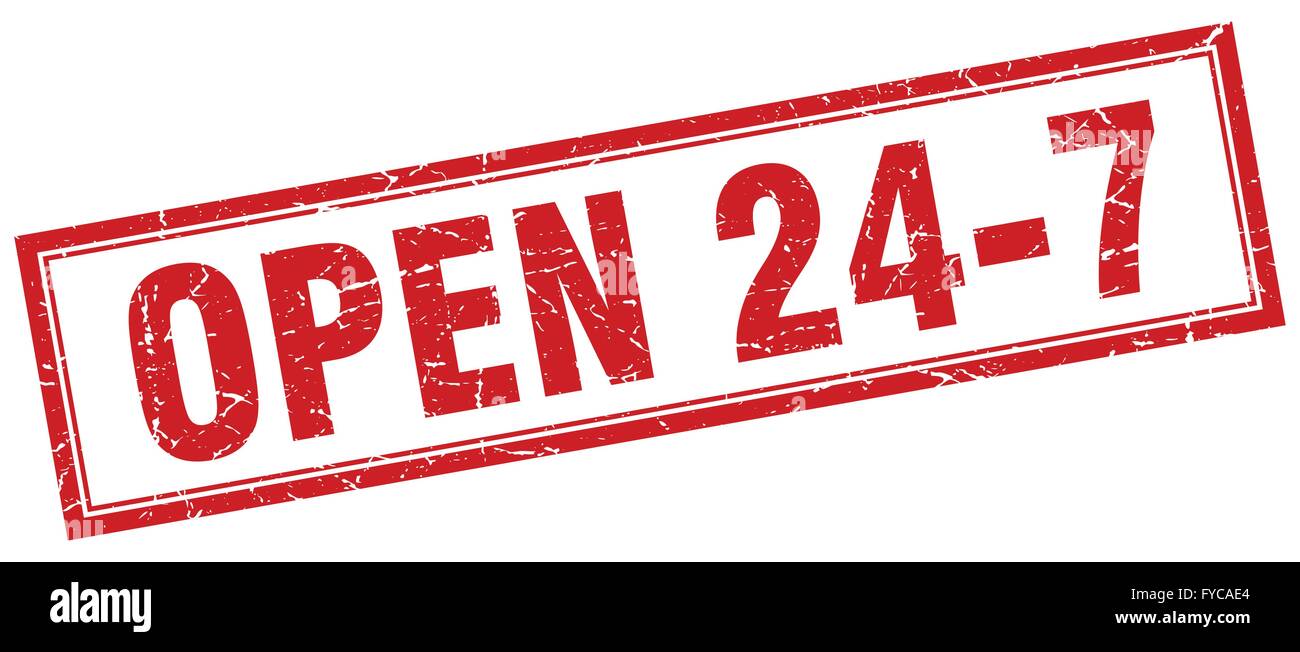 open 24 7 red square grunge stamp on white Stock Vector Image & Art - Alamy