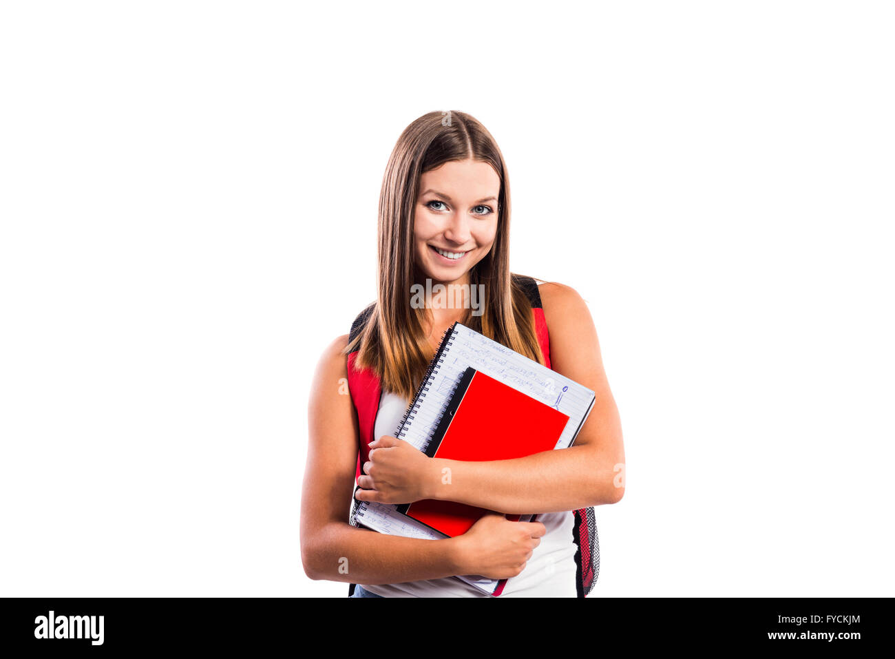 Beautiful student with school books against white background Stock ...