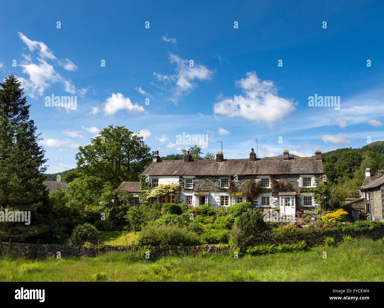 A terrace of quarry workers cottages at Elterwater Cumbria Stock Photo ...