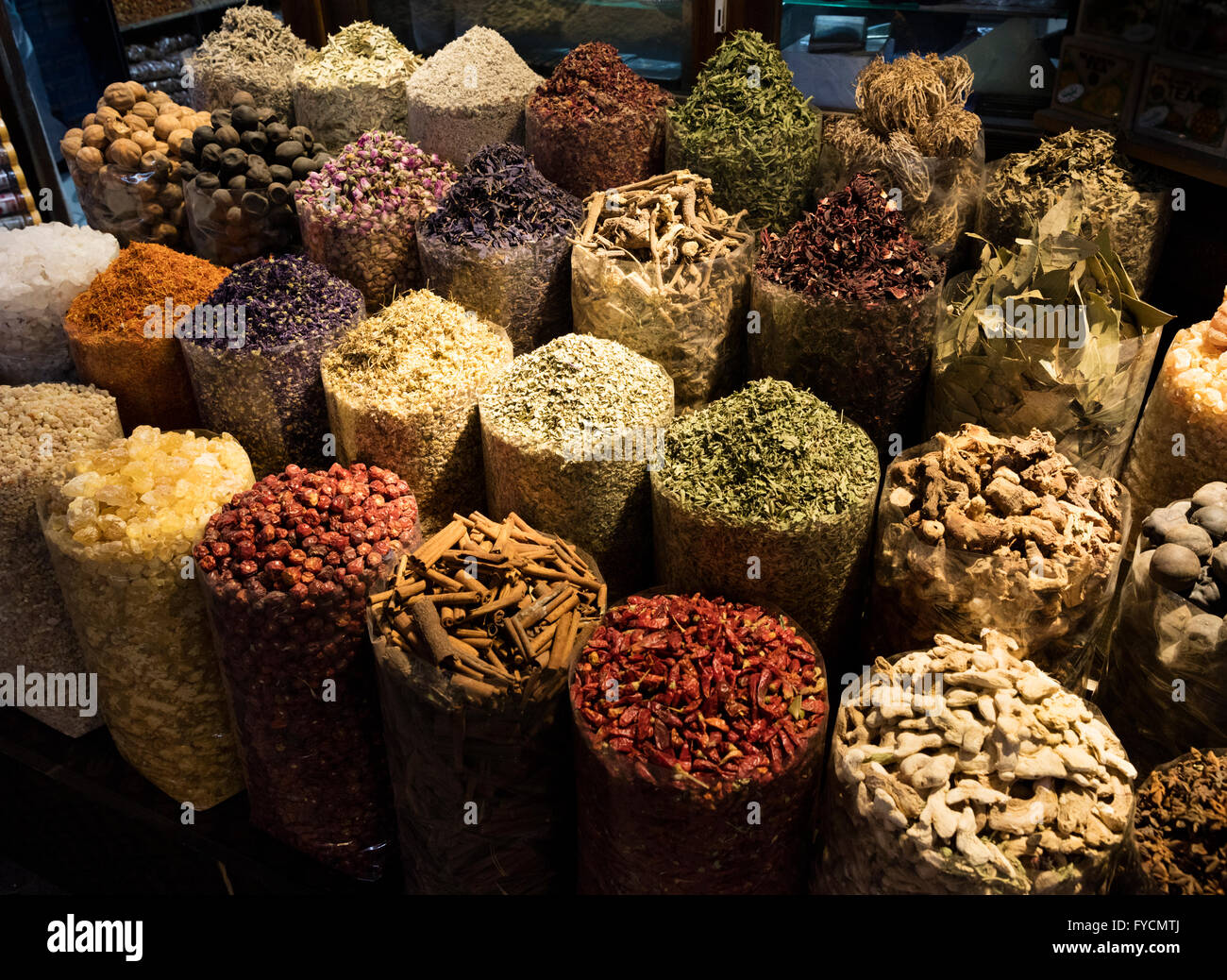 Rows of loose spices on sale at the Spice Souq, Al Ras, Dubai, UAE ...