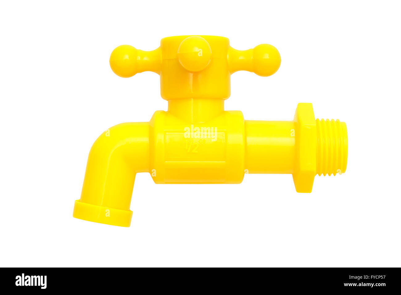 yellow plastic faucet on a white background Stock Photo - Alamy