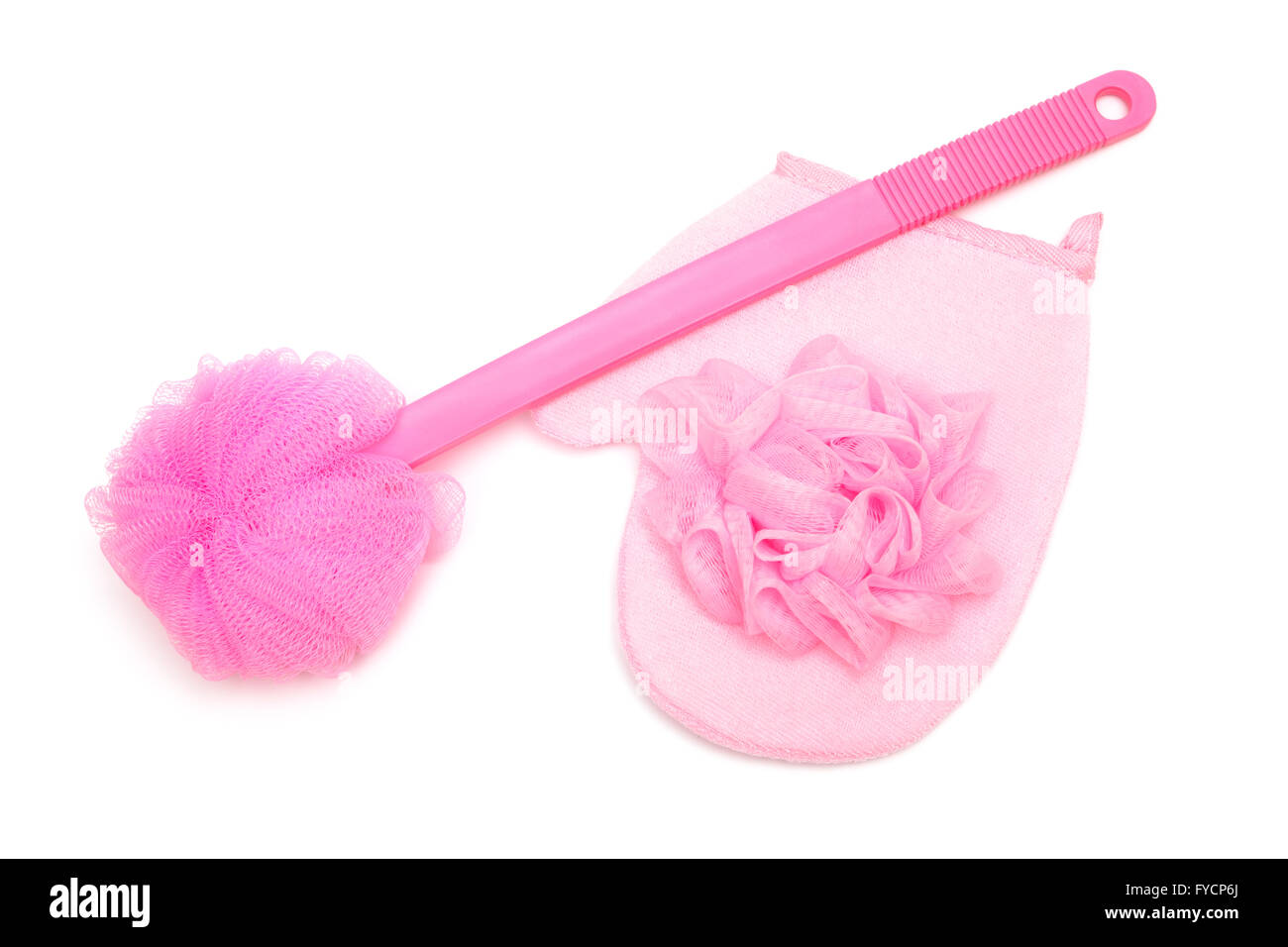 beautiful pink bath sponge on white background Stock Photo - Alamy