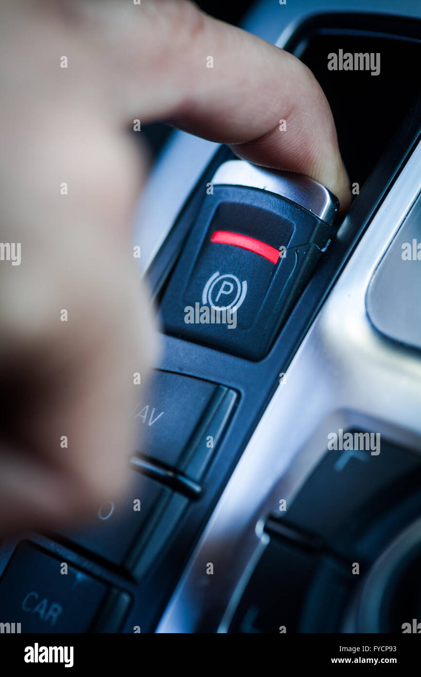 Close-up shot with the detail of a parking brake in a car Stock Photo ...