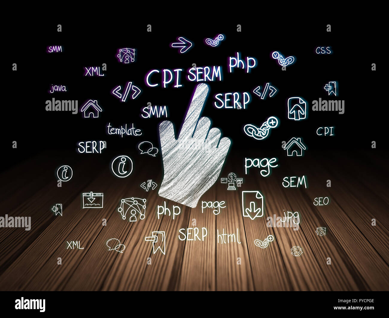 Web Development Concept Glowing Mouse Cursor Icon In Grunge Dark Room
