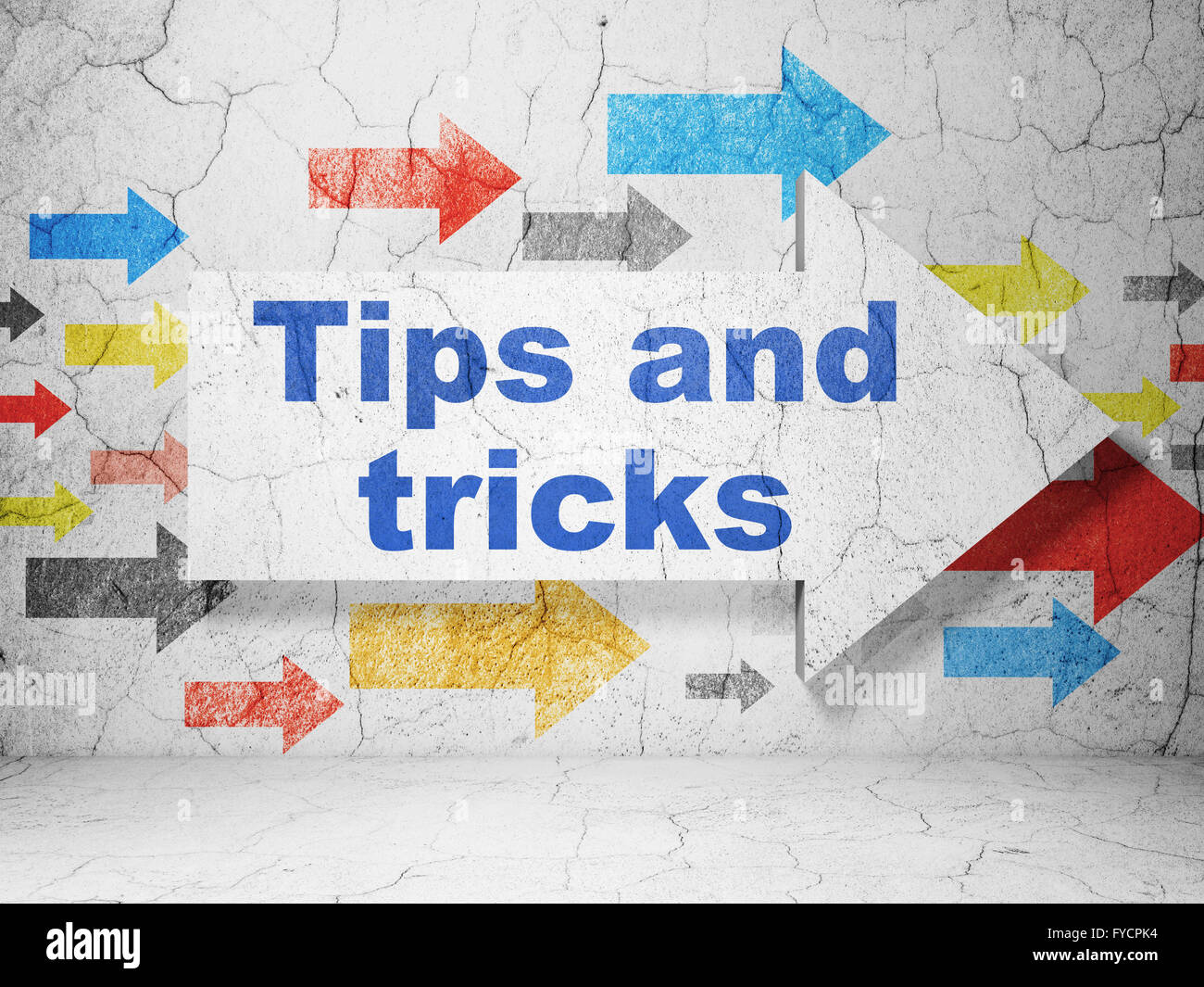 Learning concept: arrow with Tips And Tricks on grunge wall background ...
