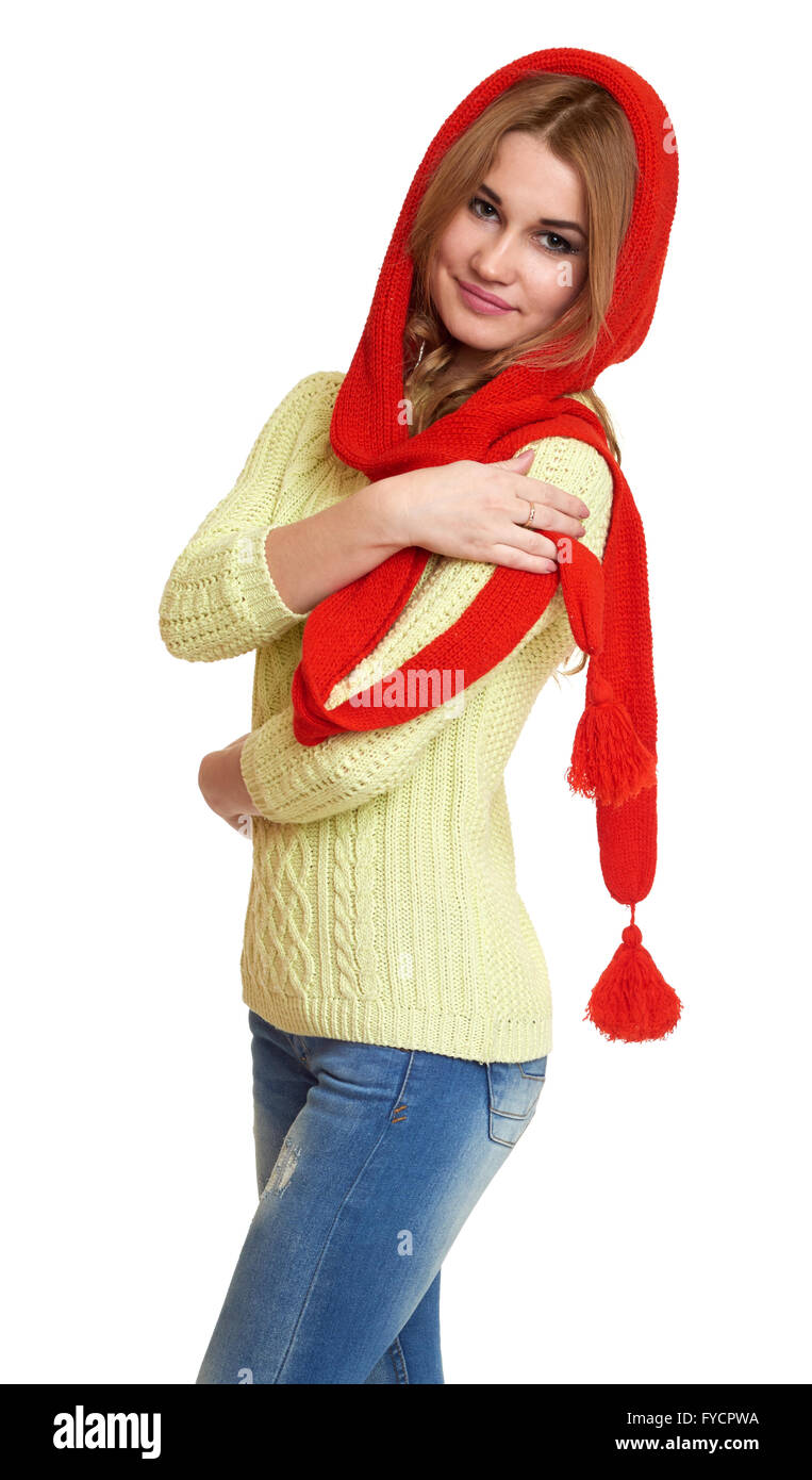girl dressed red woolen cap and scarf posing in studio on white ...