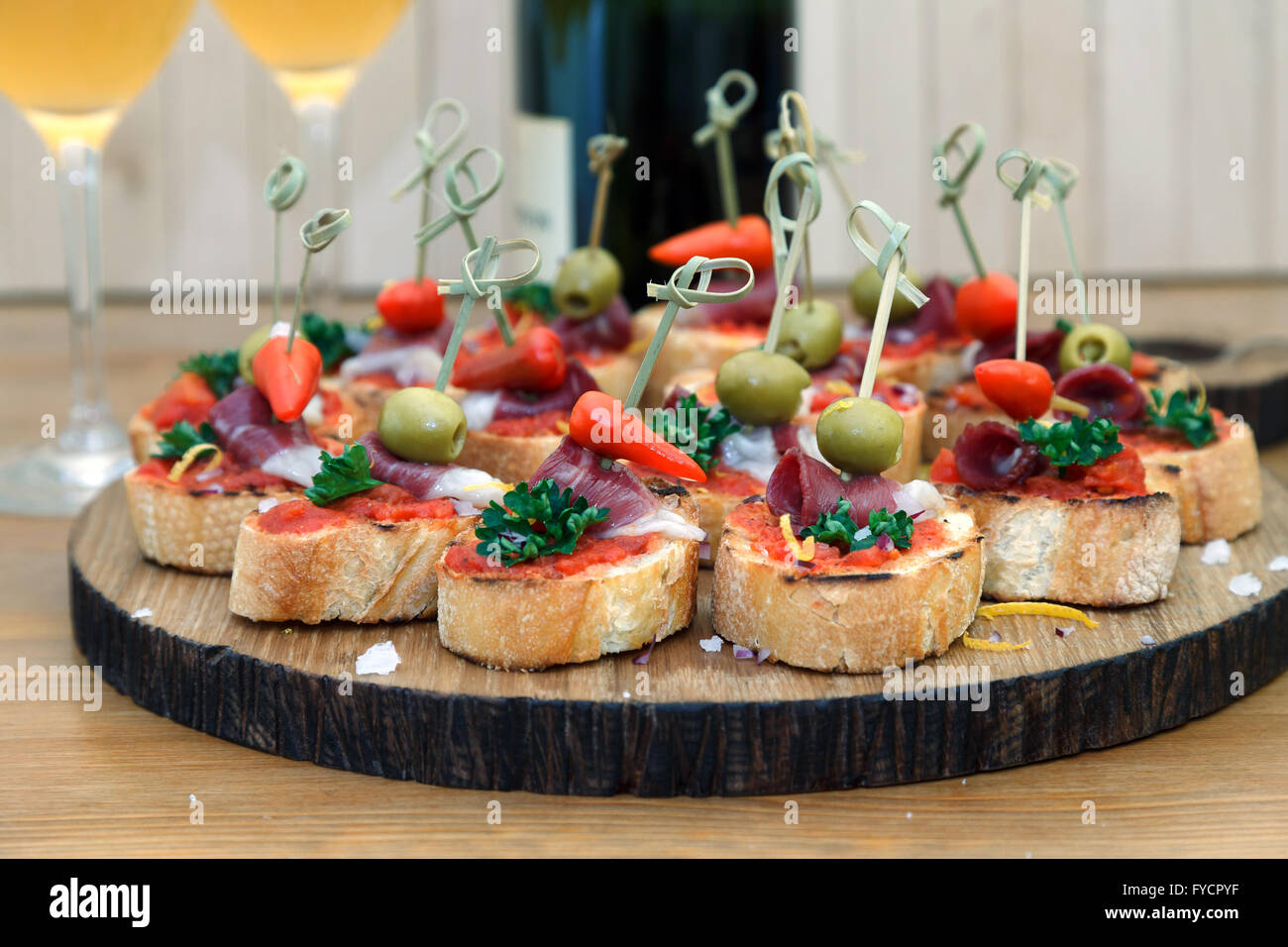 Tapas on Crusty Bread - Selection of Spanish tapas Stock Photo - Alamy