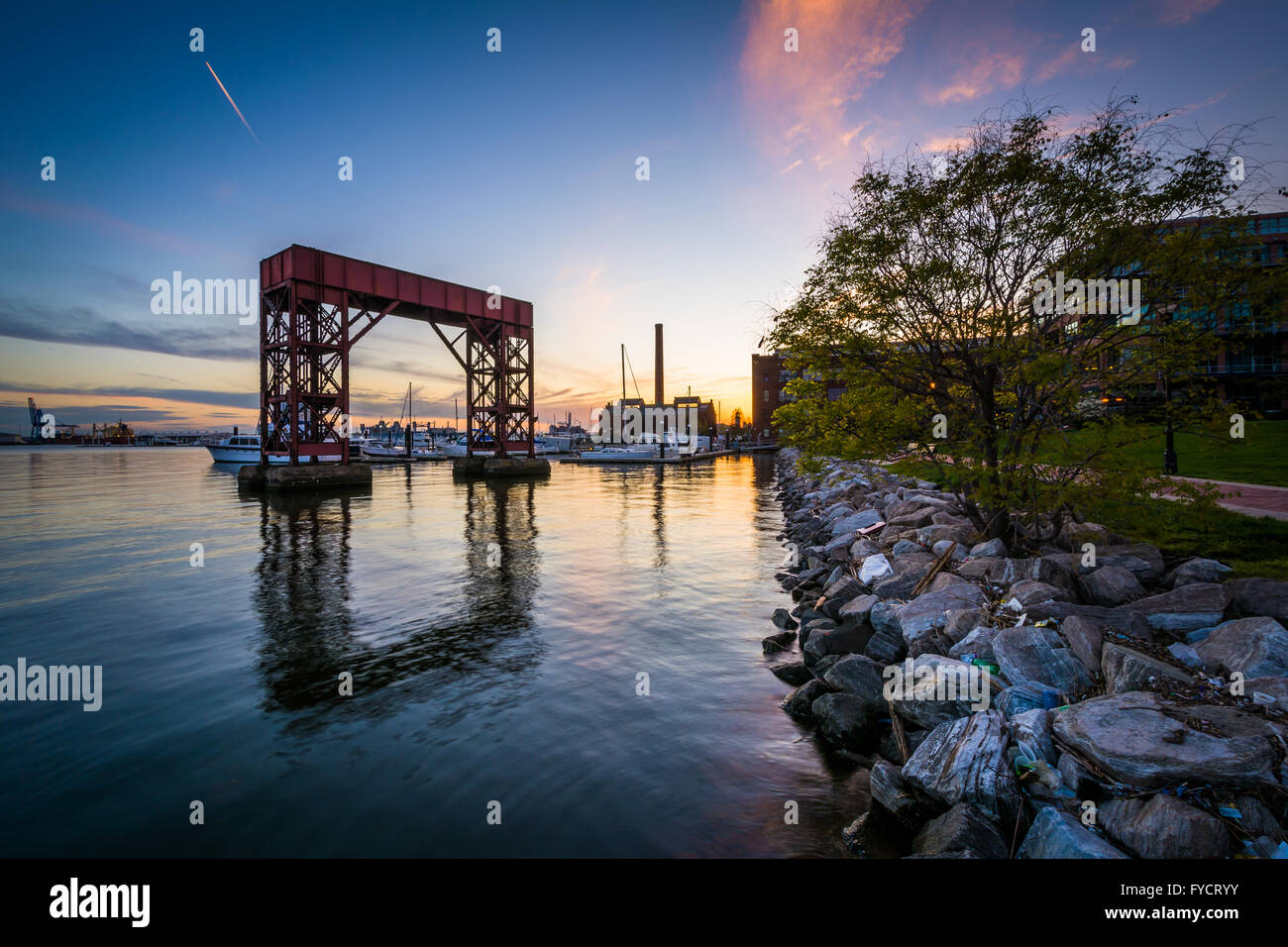 The waterfront at sunset, in Canton, Baltimore, Maryland Stock Photo ...
