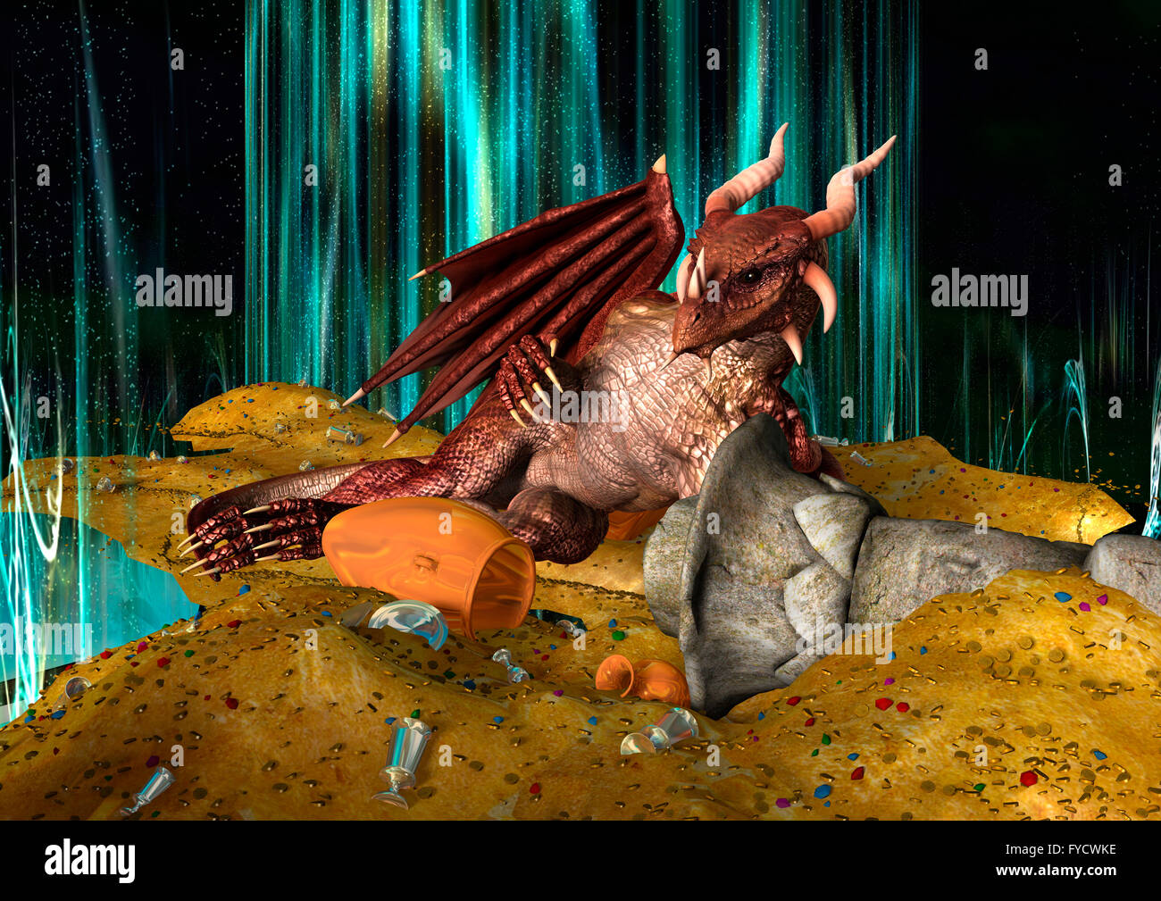 3D Illustration of a a red dragon lying on a fairy tale treasure Stock ...