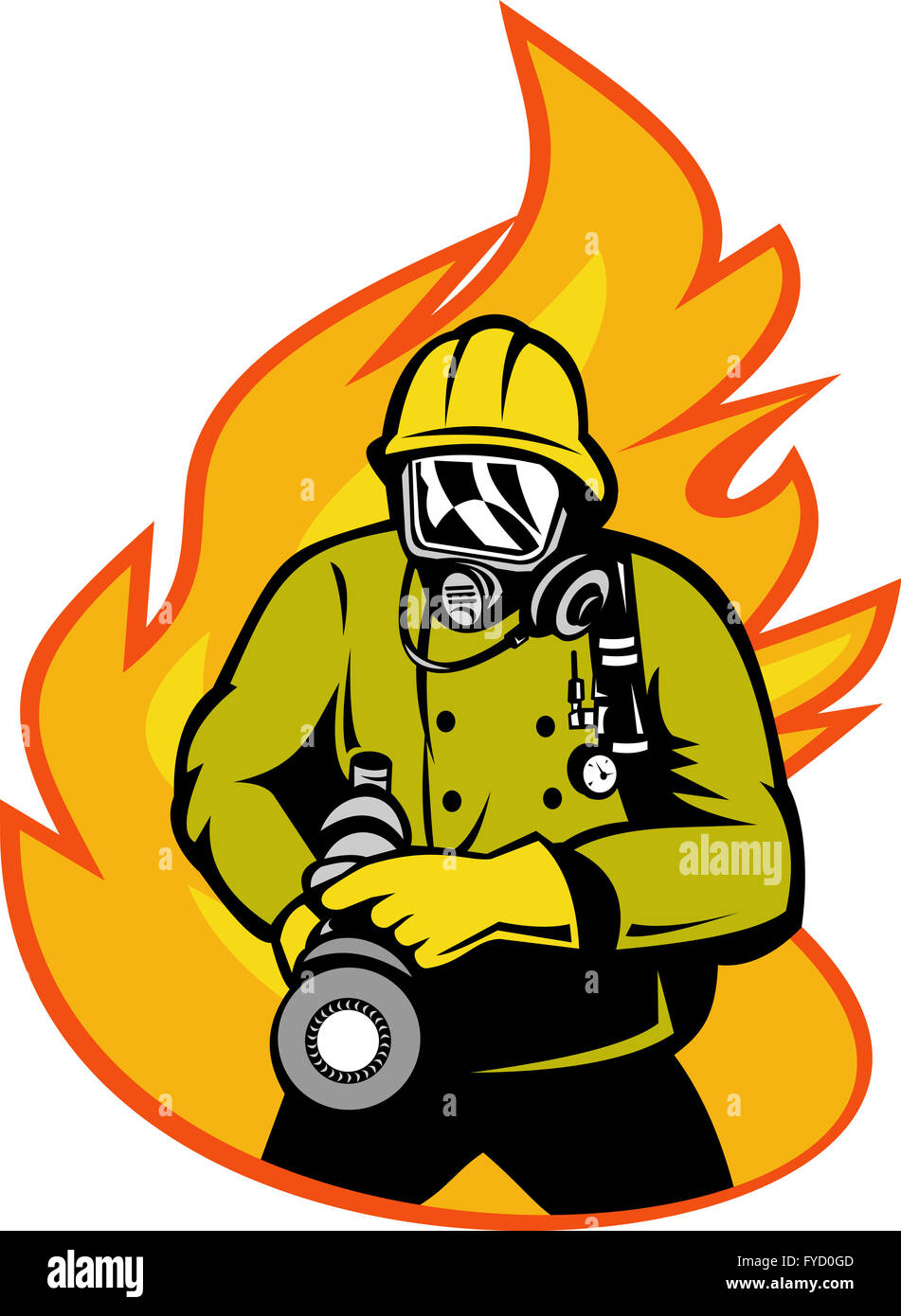 Fireman or firefighter with fire hose Stock Photo - Alamy