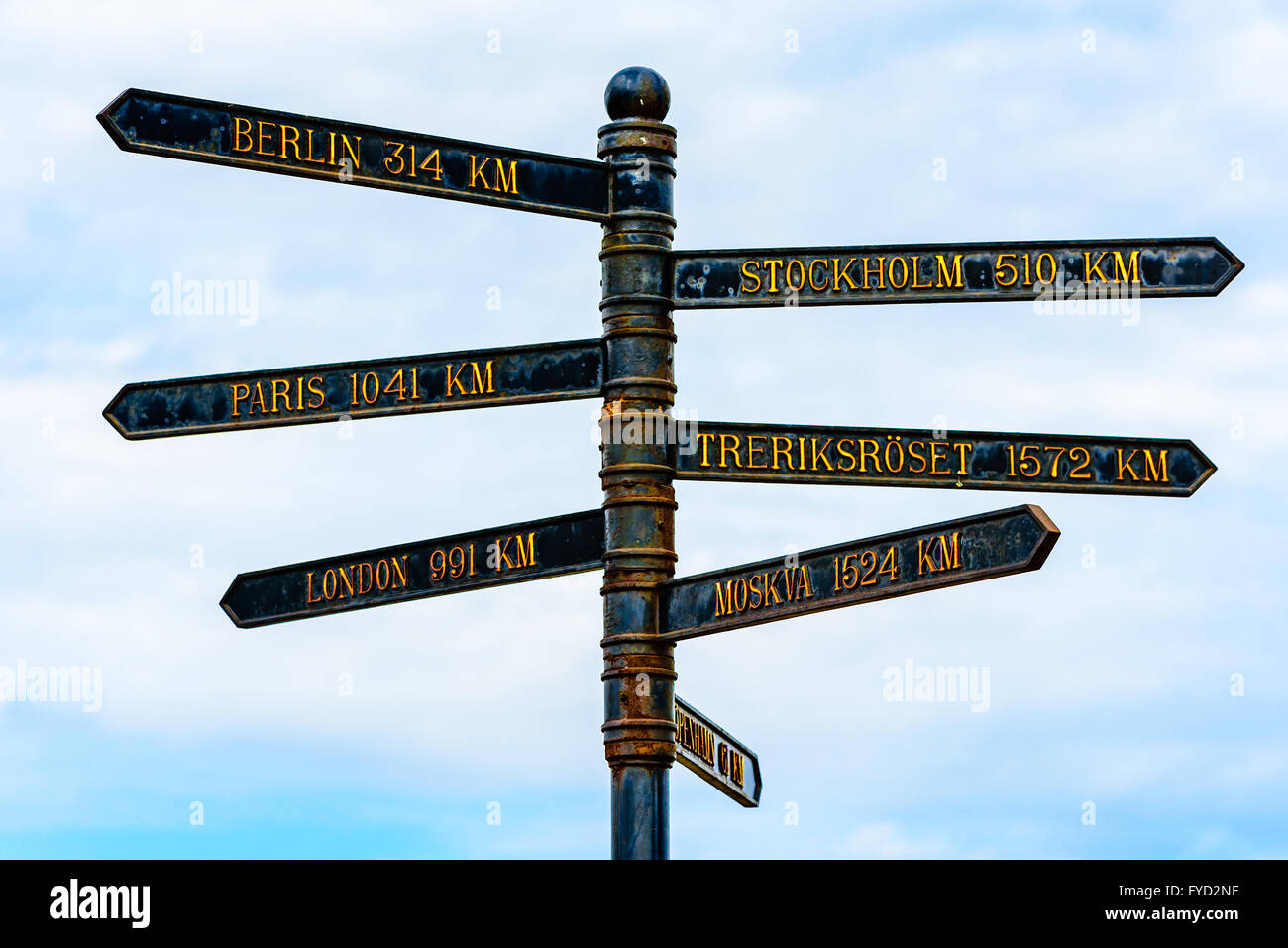 Smygehuk, Sweden - April 12, 2016: Distance marker with arrows pointing ...