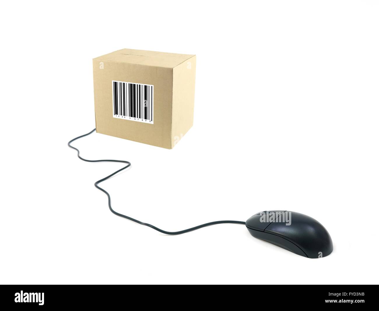 A cardborad box and a computer mouse isolated against a white ...