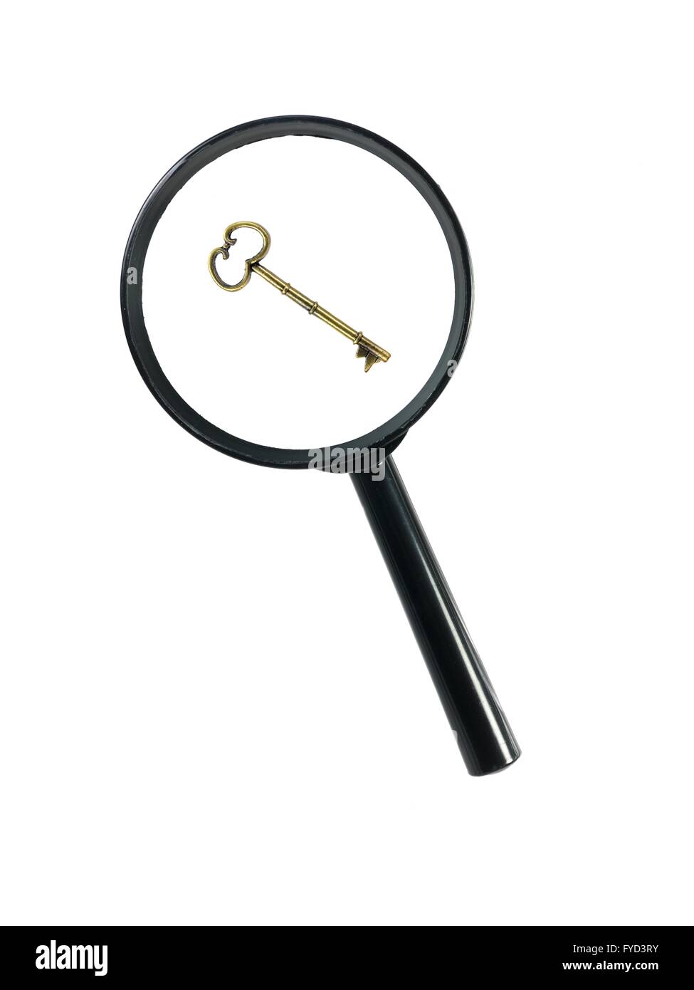 A magnifying glass and a key isolated against a white background Stock ...