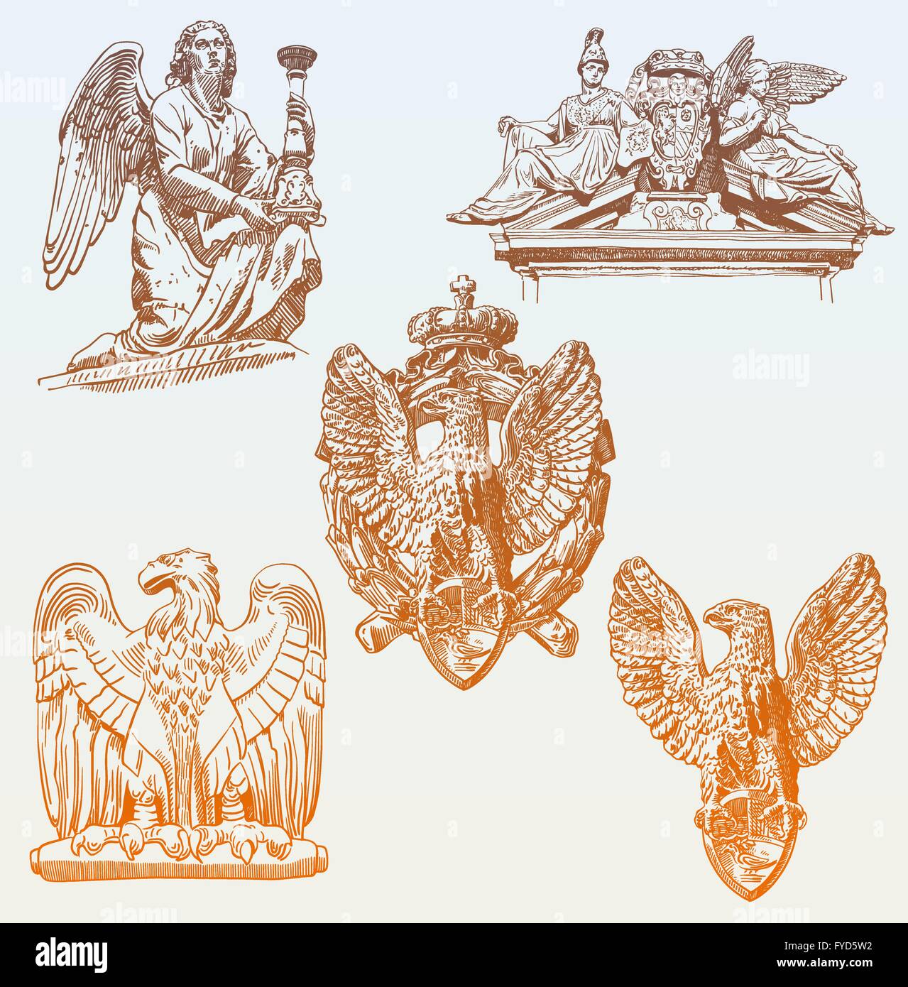 set of sketch drawing winged element angel and eagle from Rome Stock ...