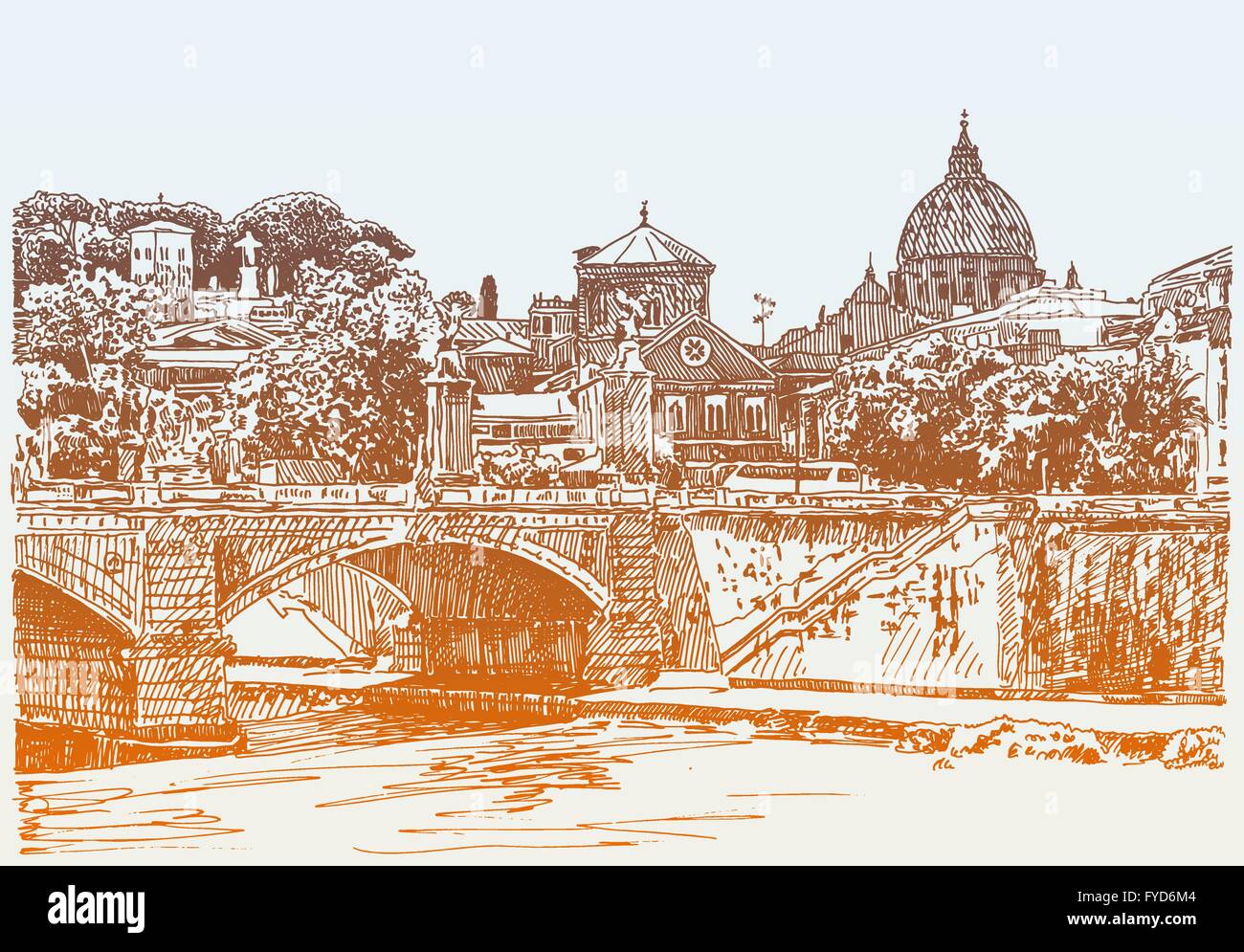 drawing of Rome Italy cityscape, type bridge in river and Sai Stock ...