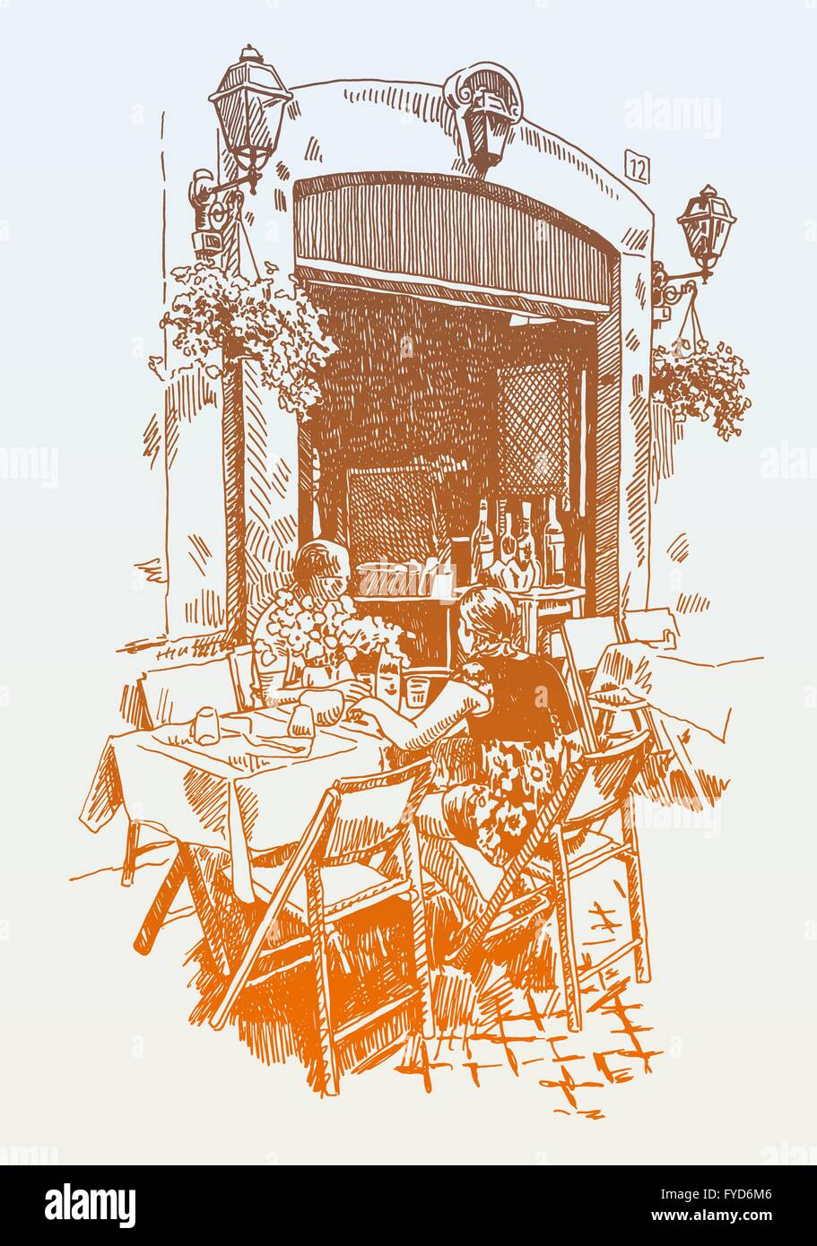 original hand drawing of european street outdoor cafe in Rome, I Stock ...
