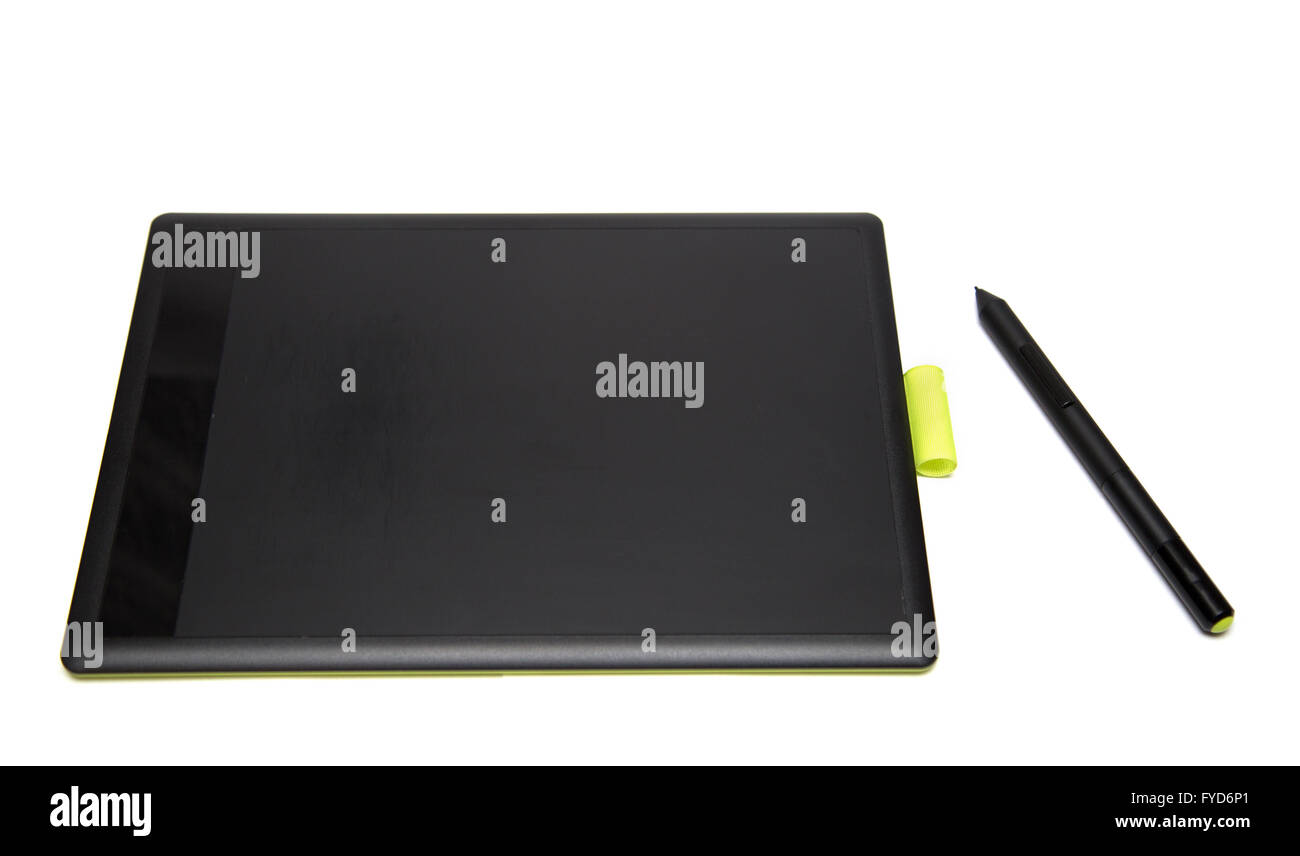 Top view of modern graphic tablet with pen isolated on white background ...
