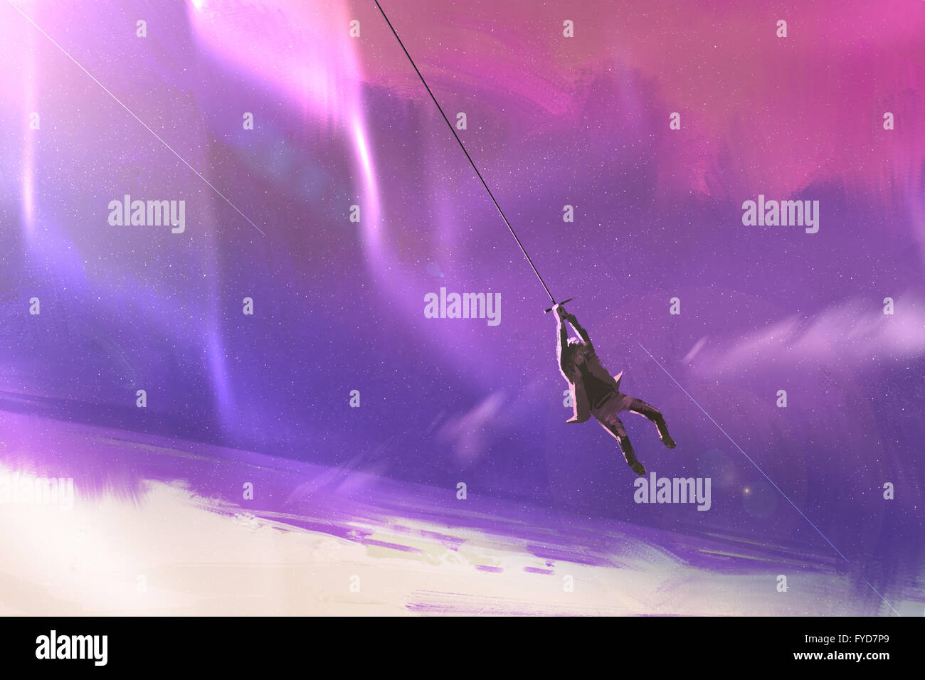 the man hanging on a rope swing above the planet earth Stock Photo - Alamy