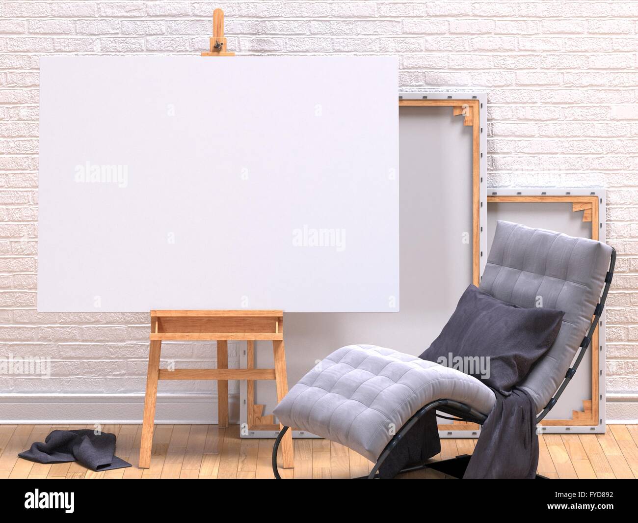 Mock up canvas frame with grey easy chair, easel, floor and wall. 3D ...