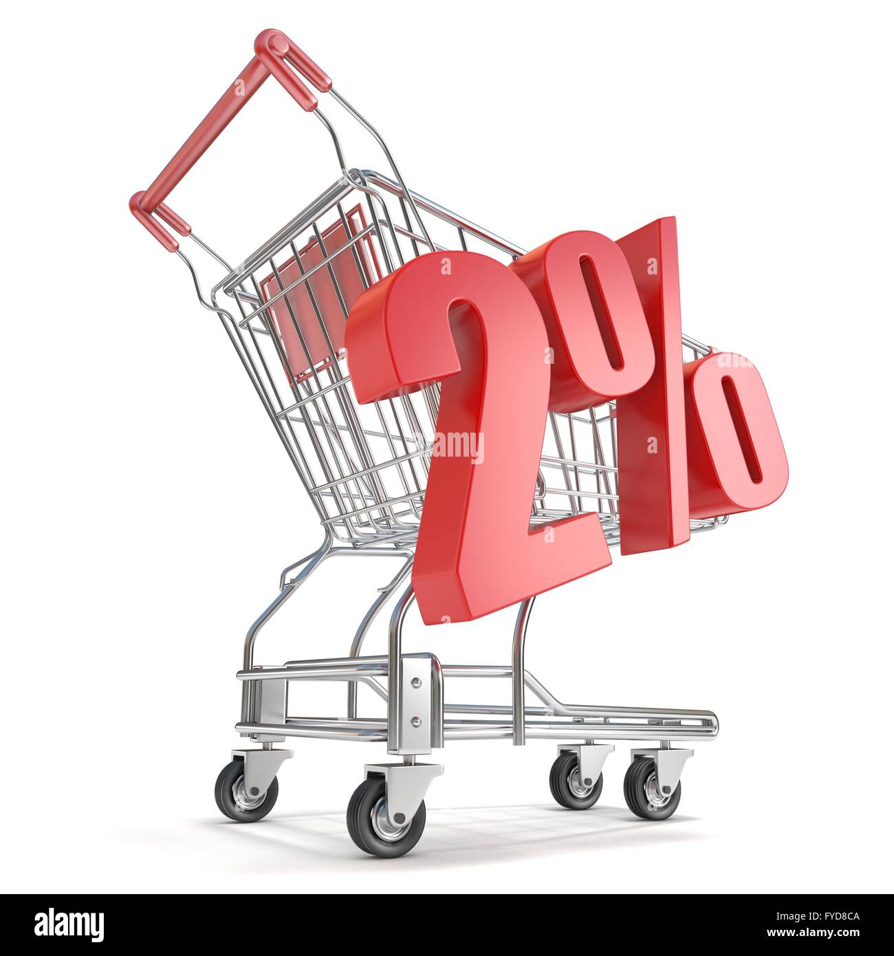 2% - two percent discount in front of shopping cart. Sale concept. 3D ...