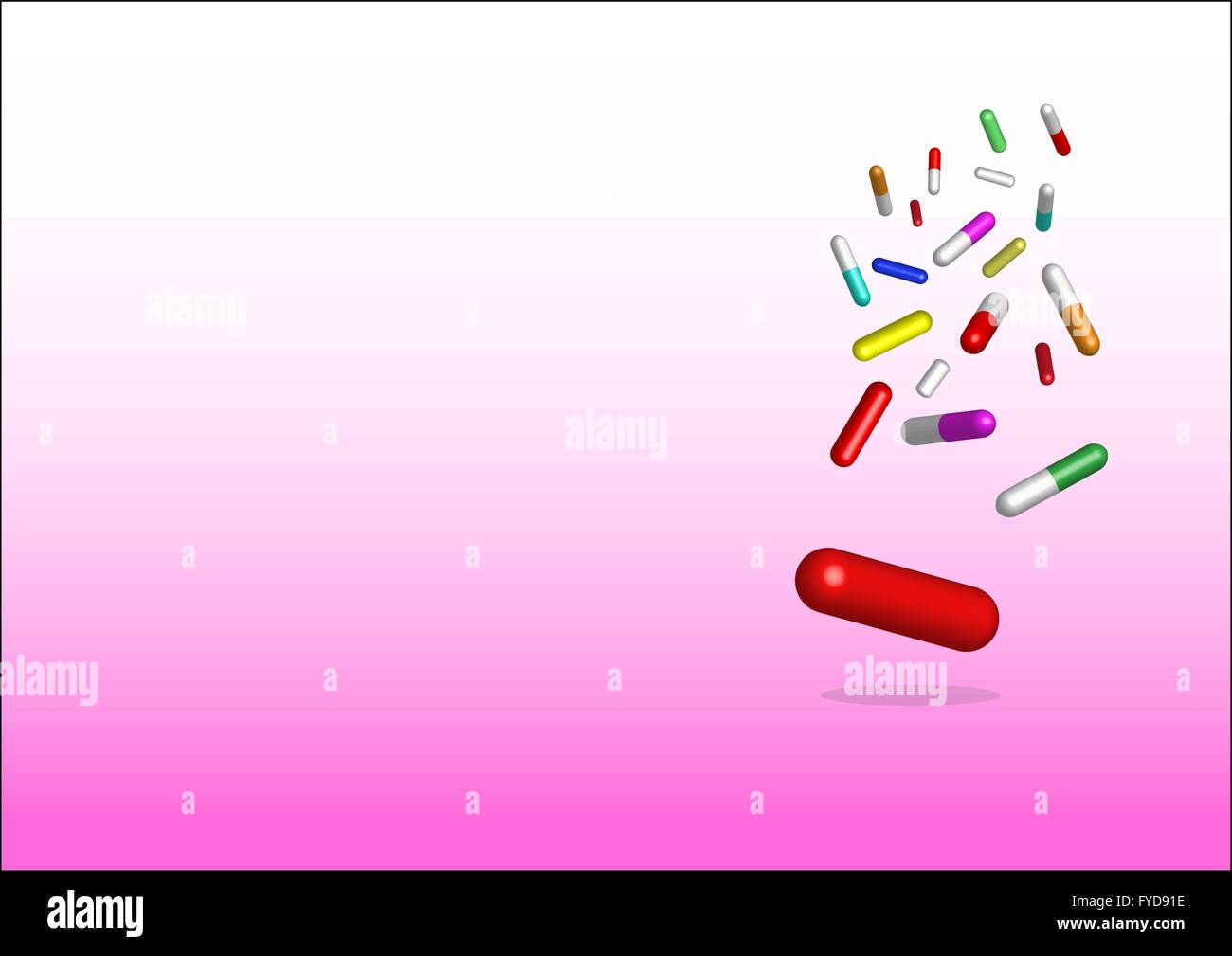 falling colored capsules of drugs. The lowest is the biggest capsule in ...