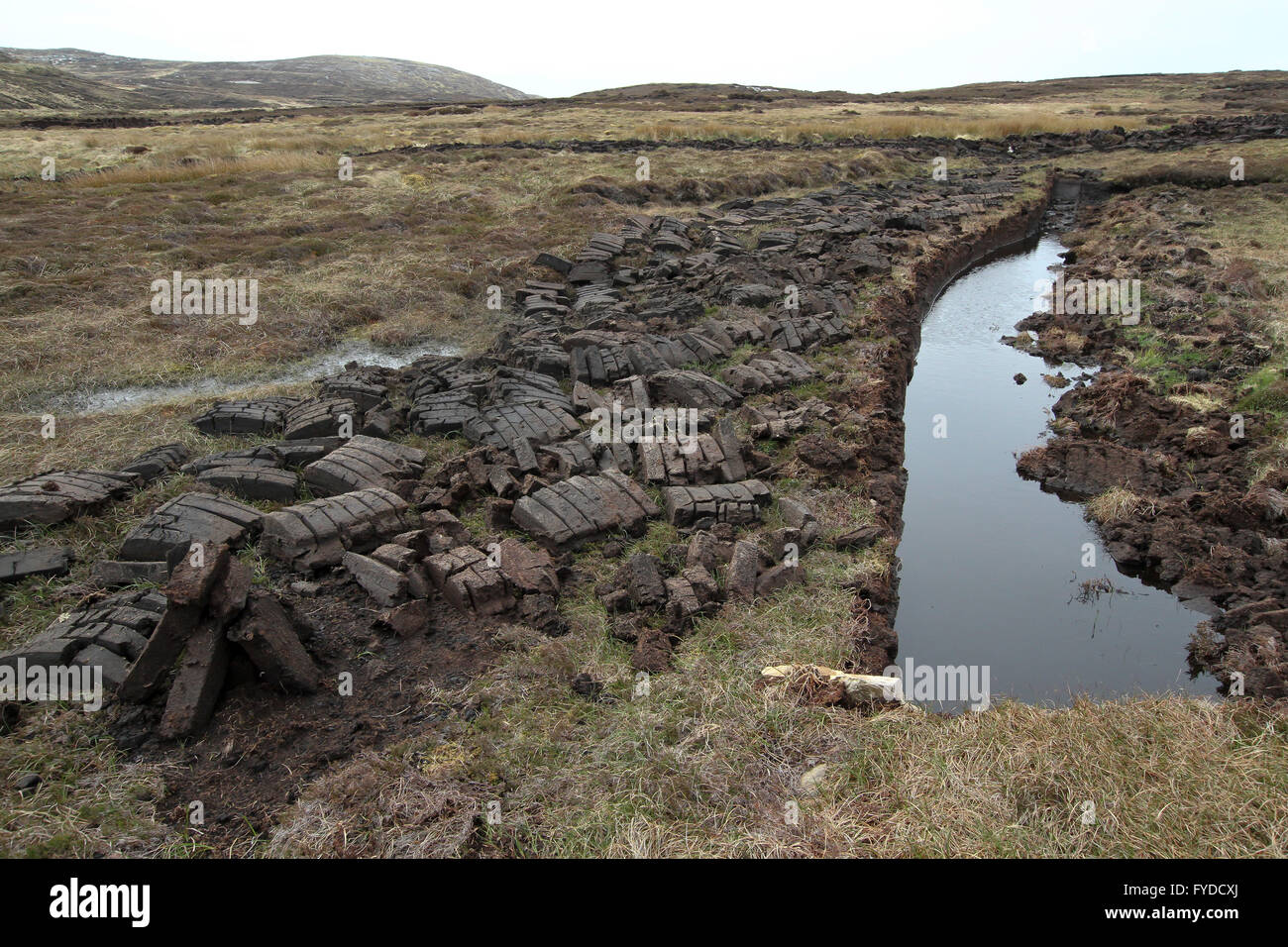 Hand-cut turf and peat sods alongside a watercourse in a peat bog on an ...