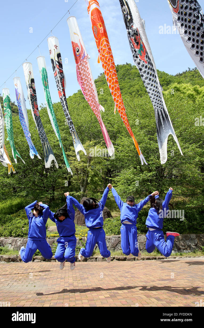 Excursion of an Japanese high school girls, they are posing pleasant ...