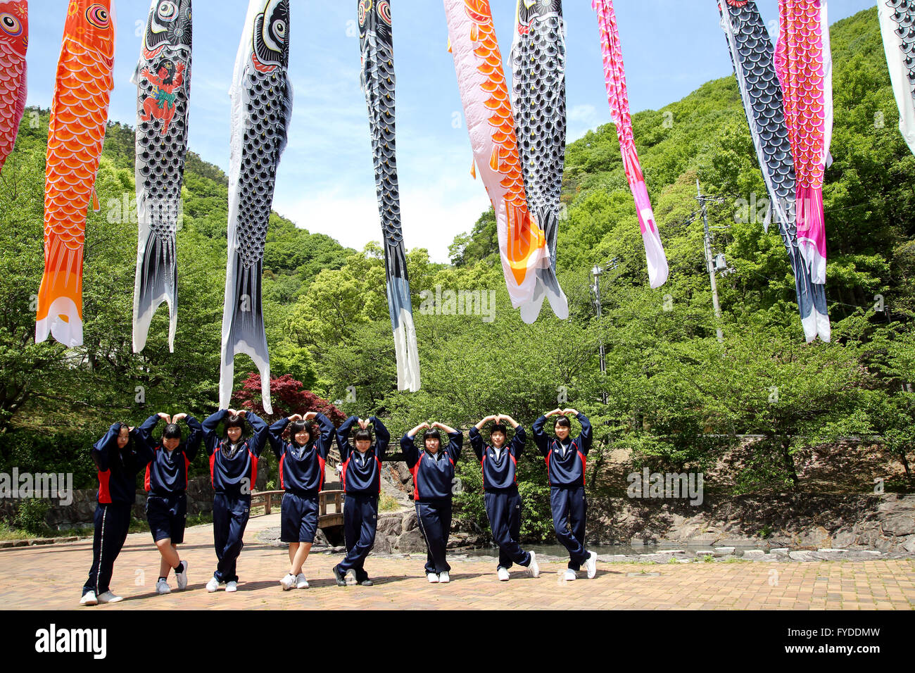 Excursion of an Japanese high school girls, they are posing pleasant ...