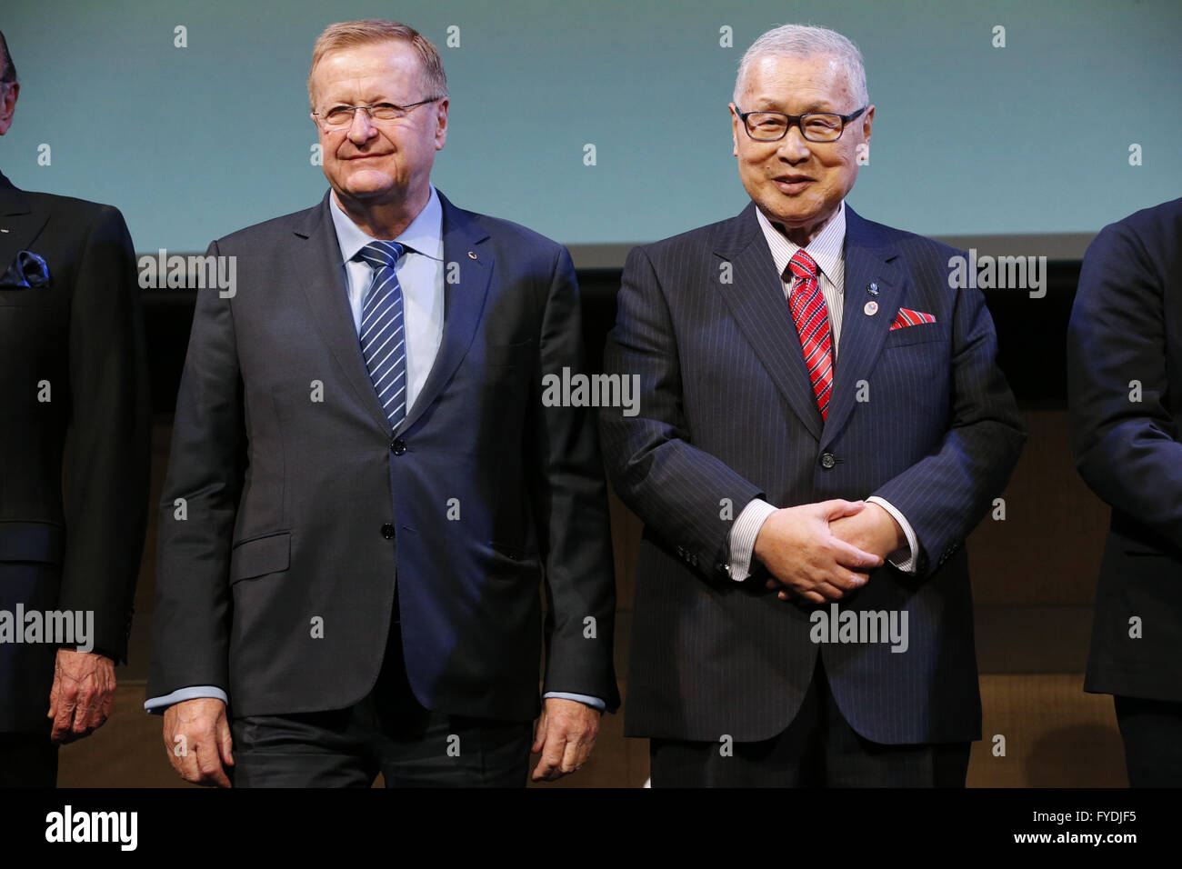 (L-R) John Coates, Yoshiro Mori, April 25, 2016 : Olympic logo is seen ...