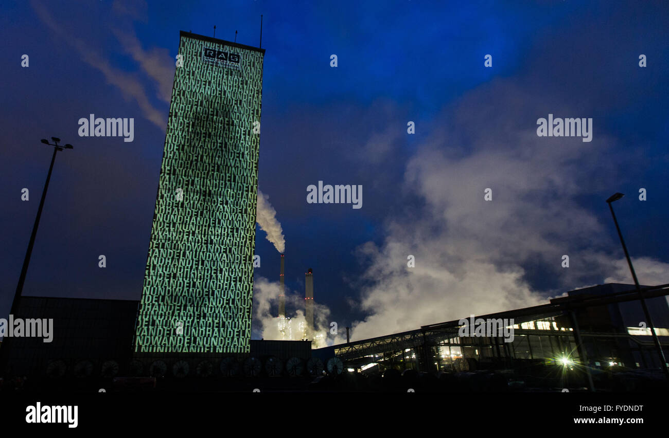 Marl, Germany. 25th Apr, 2016. The lettering 'Wandel und Handel' (lit ...