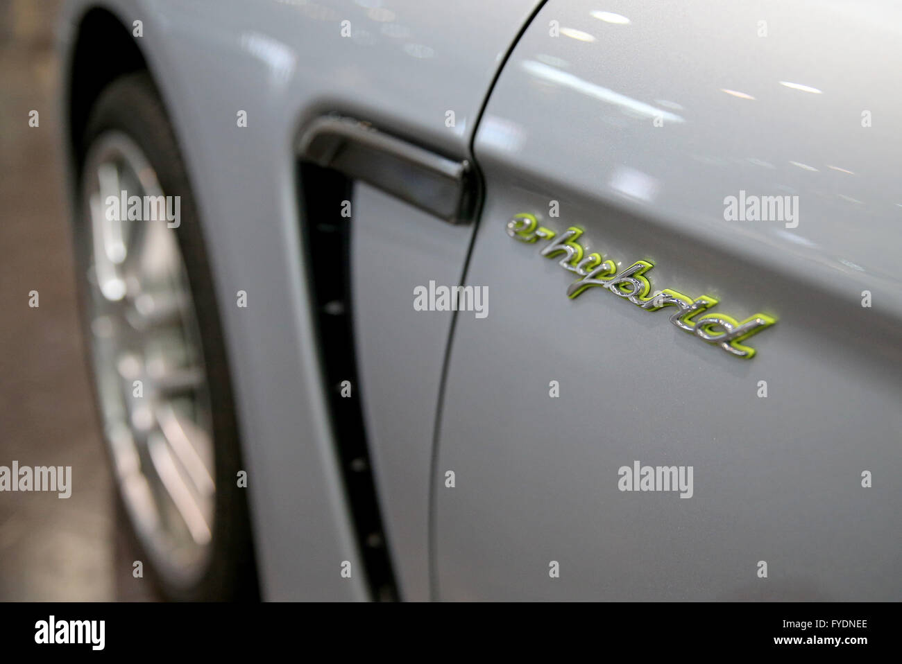 A green Panamera S logo on a Porsche Panamera S E Hybrid during an ...