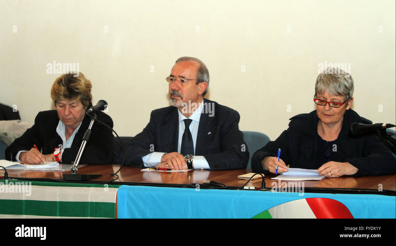 Venzone, Italy. 26th Apr, 2016. From right Annamaria Furlan trade union ...