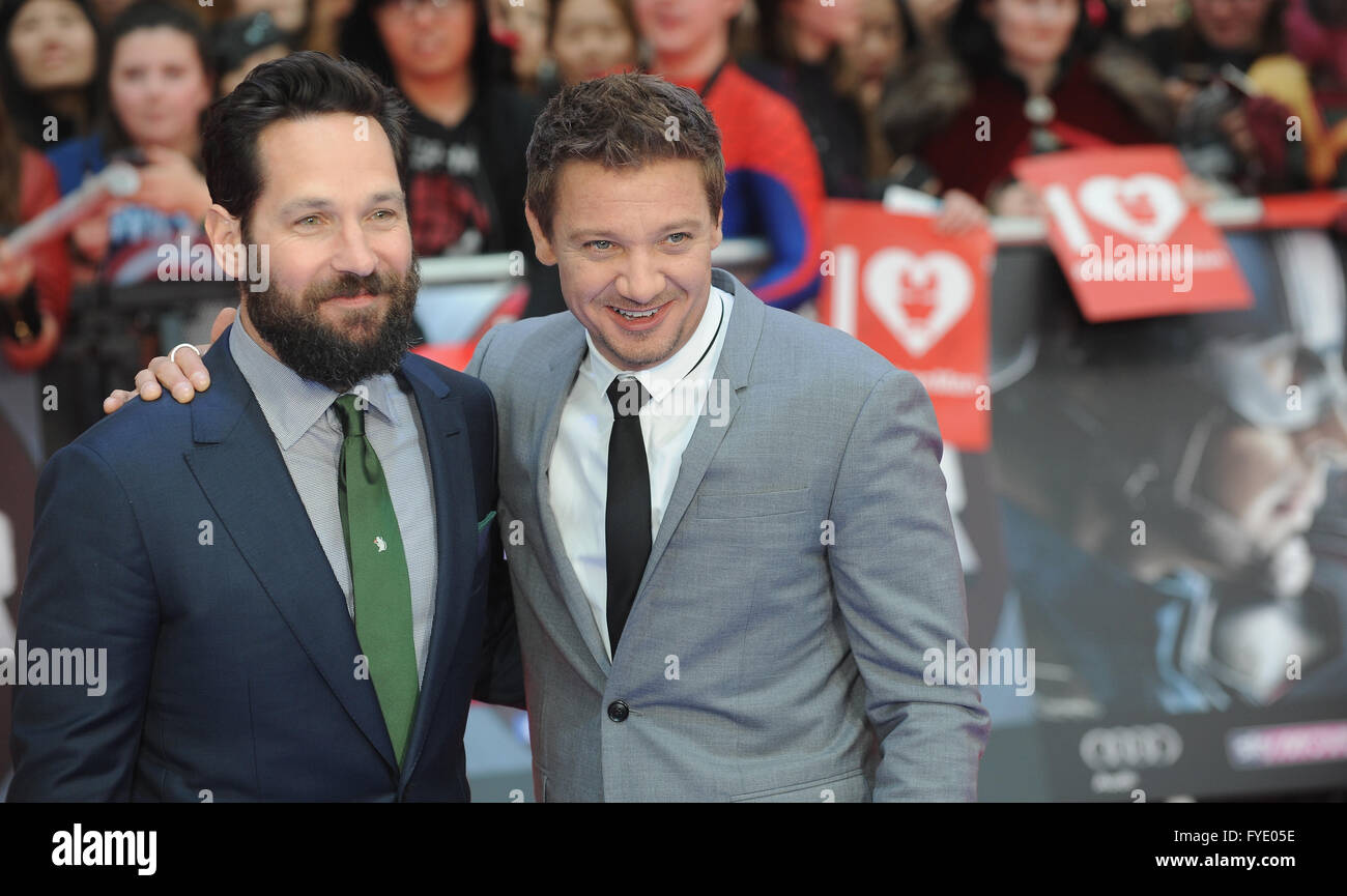 London, UK. 26th Apr, 2016. Paul Rudd and Jeremy renner attend the ...