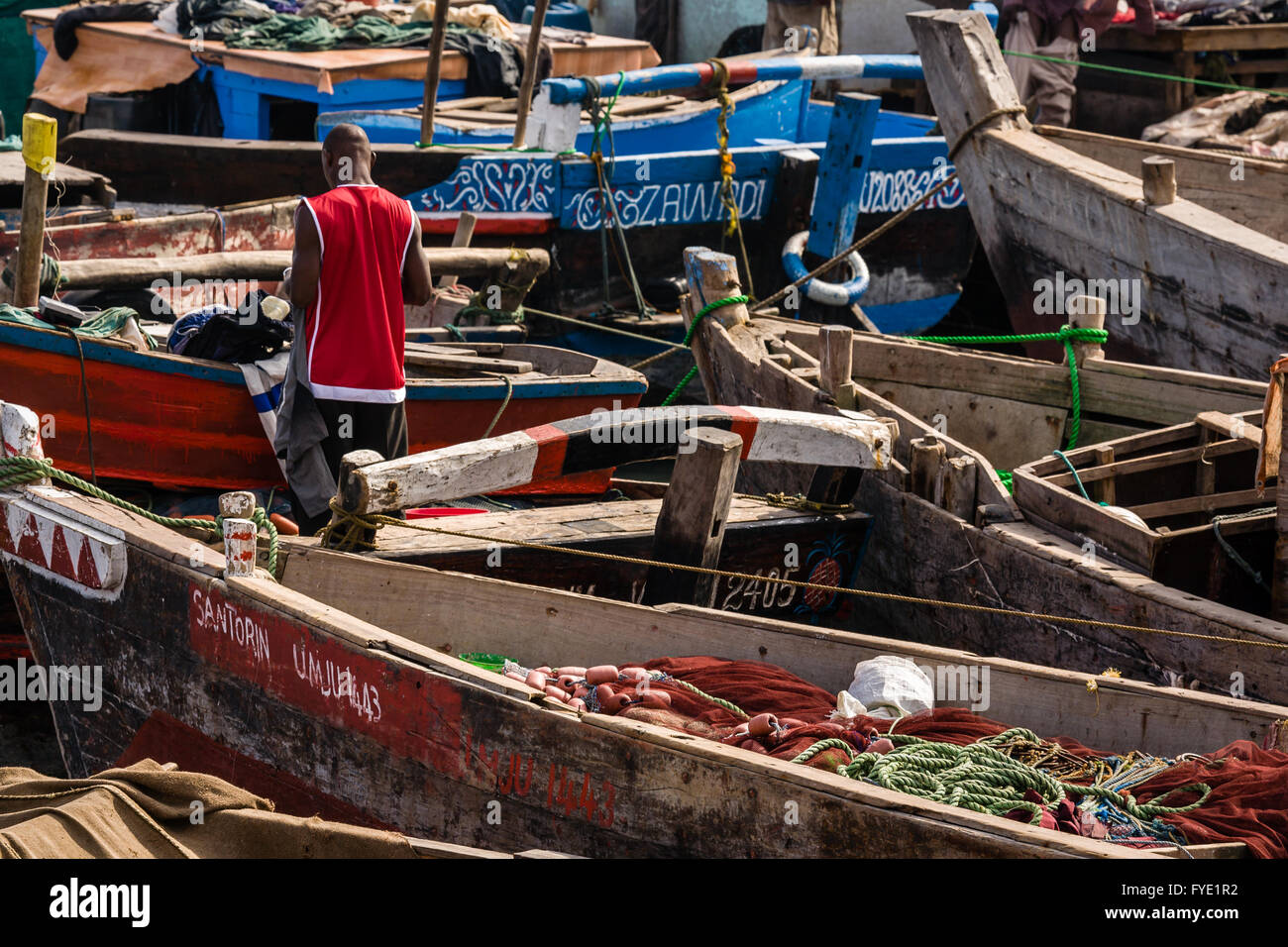 Many fishing boats in the harbour of Stone Town, Zanzibar Stock Photo ...