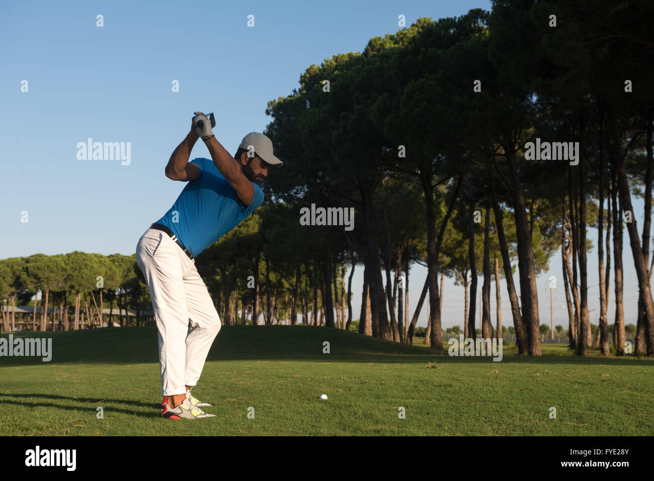 handsome sporty man, golf player hitting shot with club on course at ...