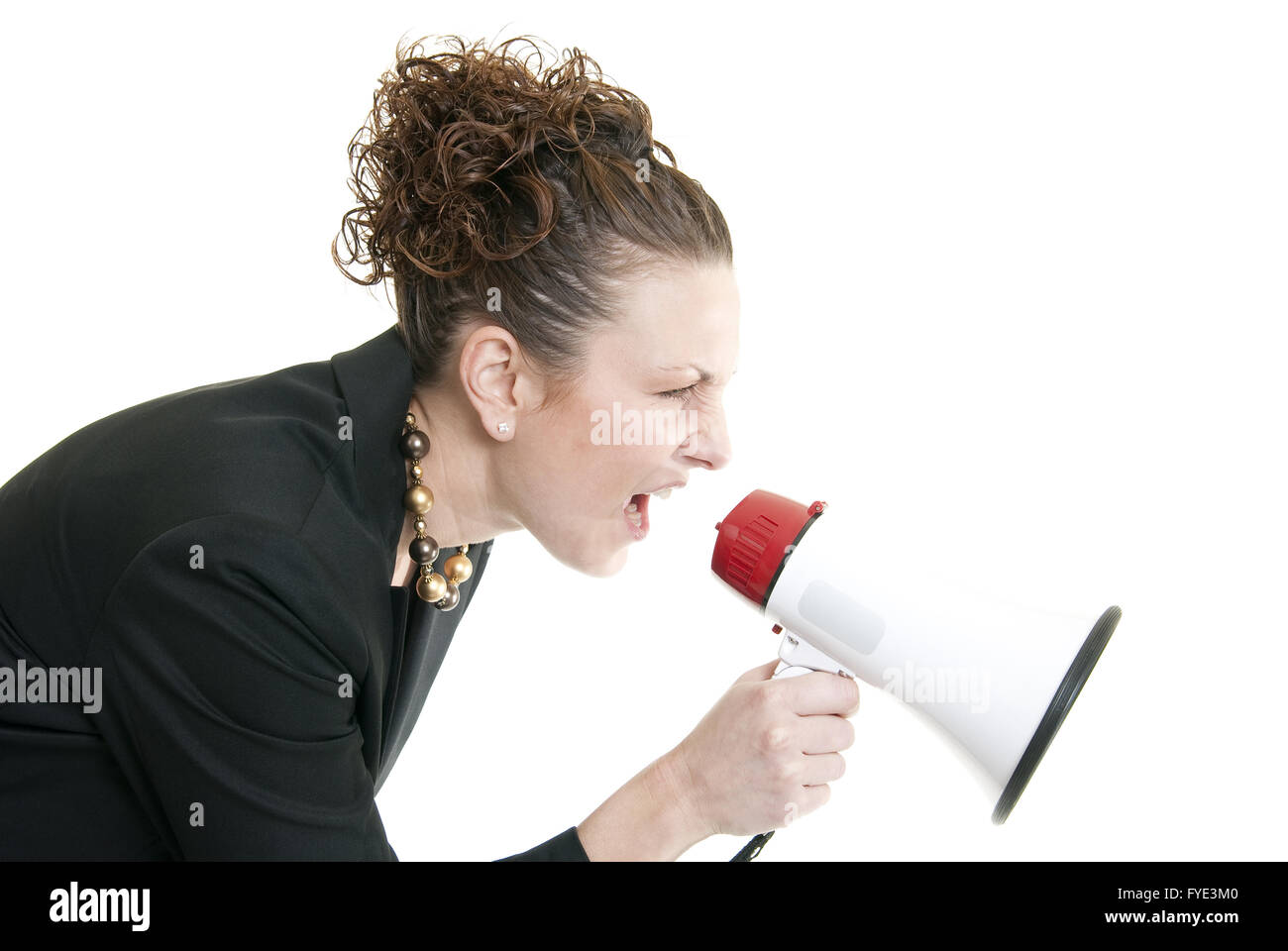 Business woman yelling into a bullhorn Stock Photo - Alamy