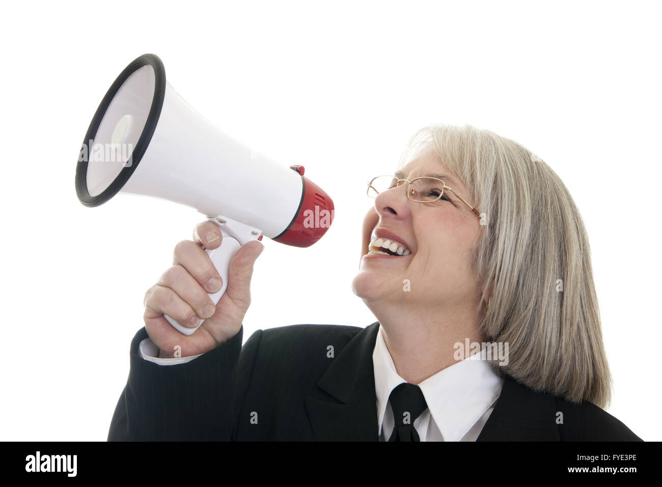 Business woman speaking into a bullhorn Stock Photo - Alamy
