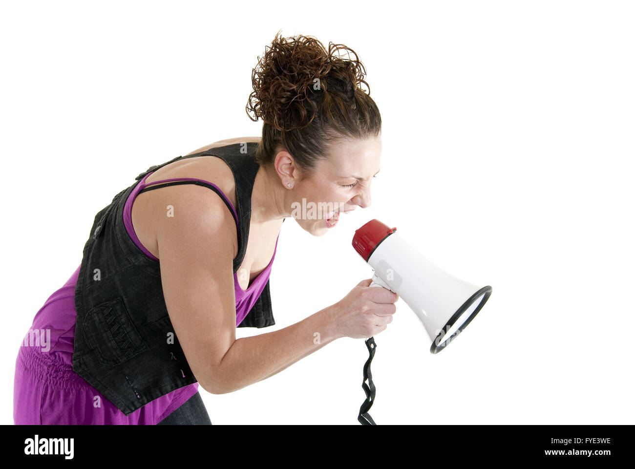 Woman yelling into a bullhorn Stock Photo - Alamy