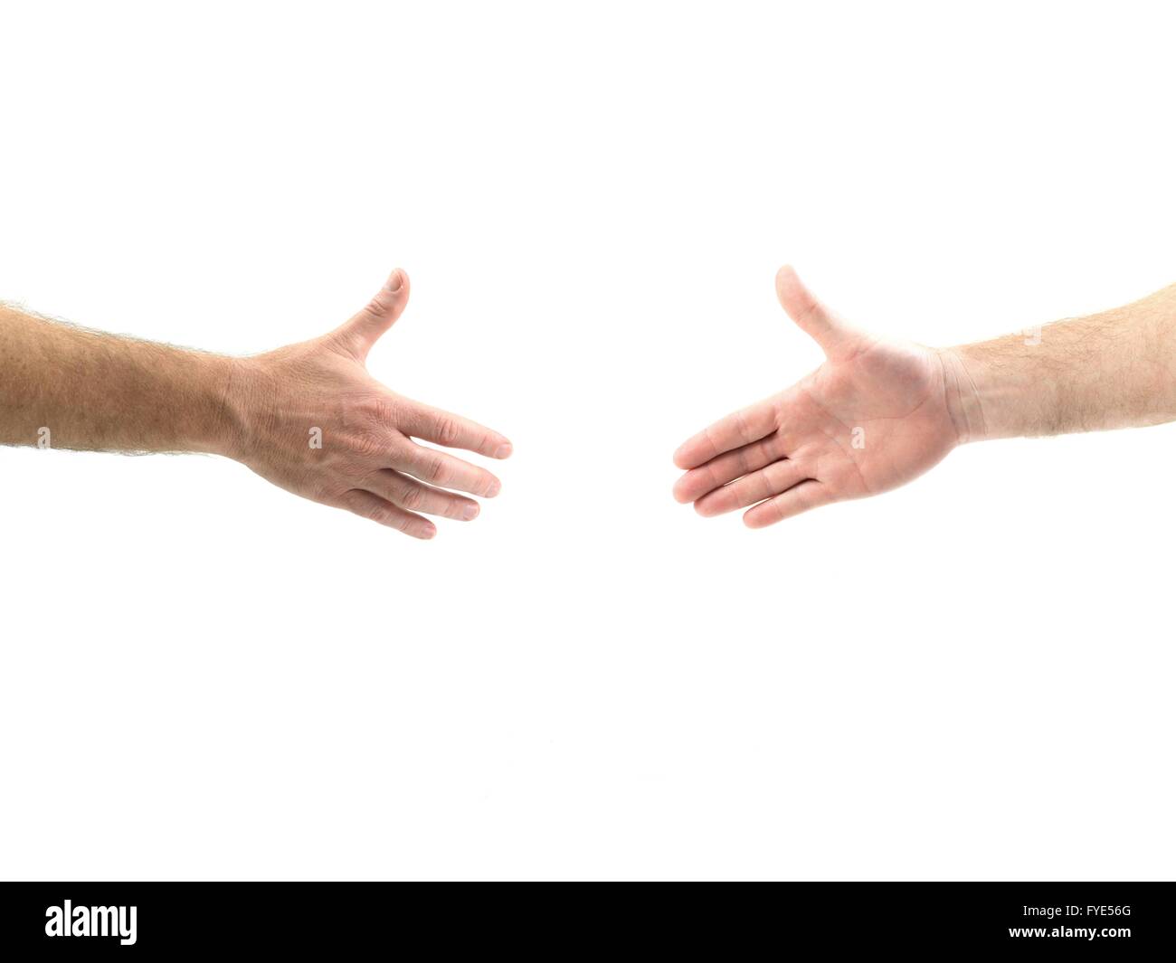 Male hands forming a handshake isolated against a white background ...