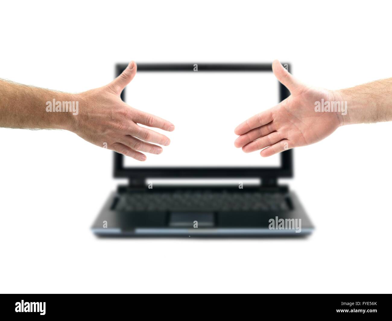 Male hands forming a handshake out of a laptopisolated against a white ...