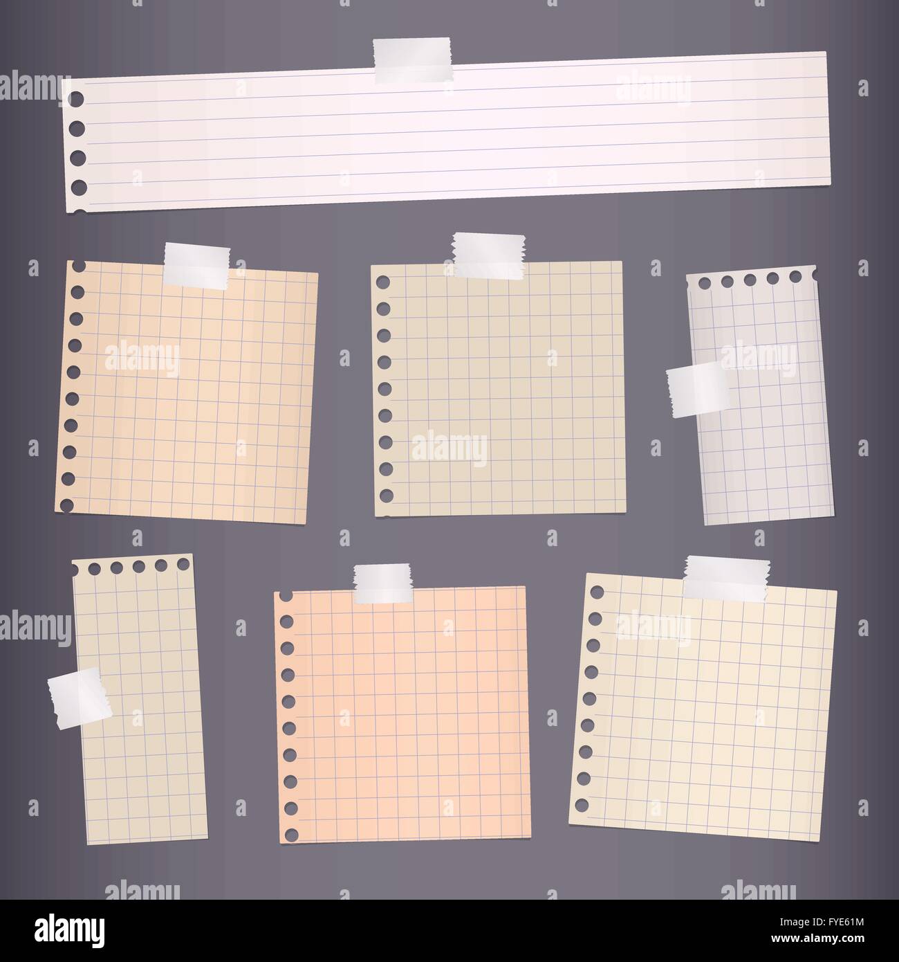 Pieces of torn white lined, squared notebook paper are stuck on gray ...