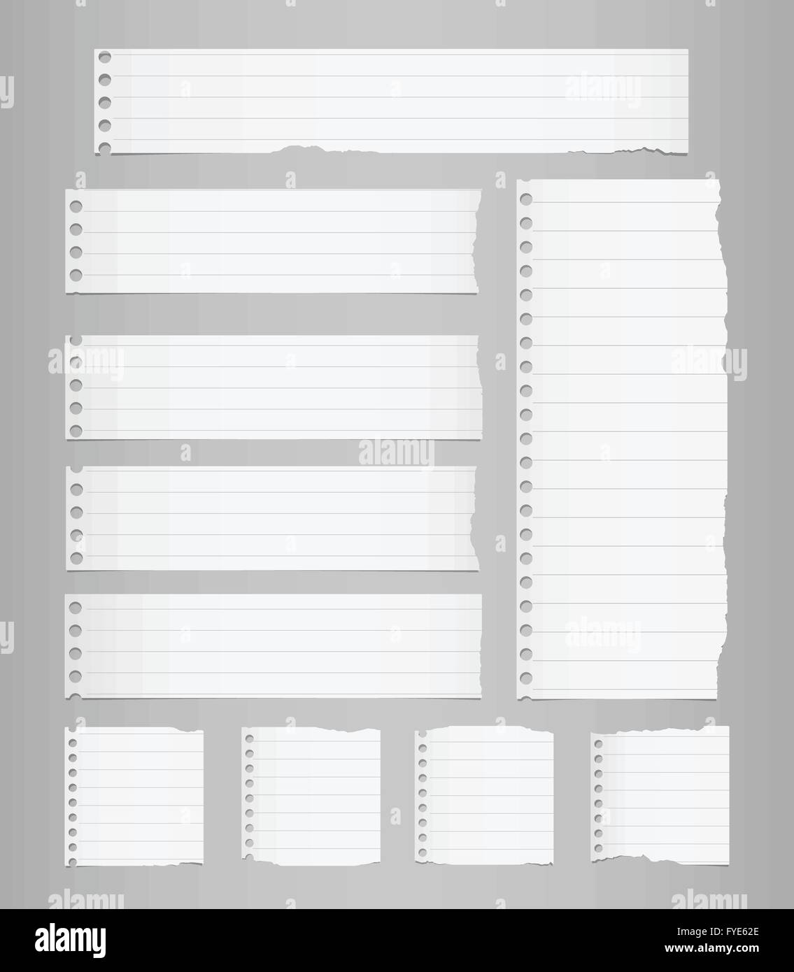 Pieces of torn white lined notebook paper are stuck on gray background ...