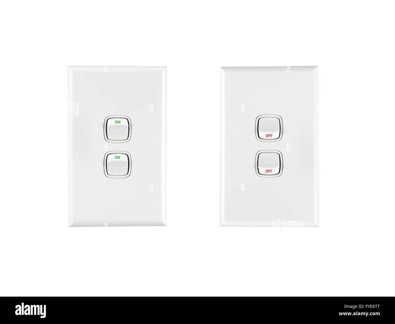 A white double light switch turned on and off Stock Photo - Alamy