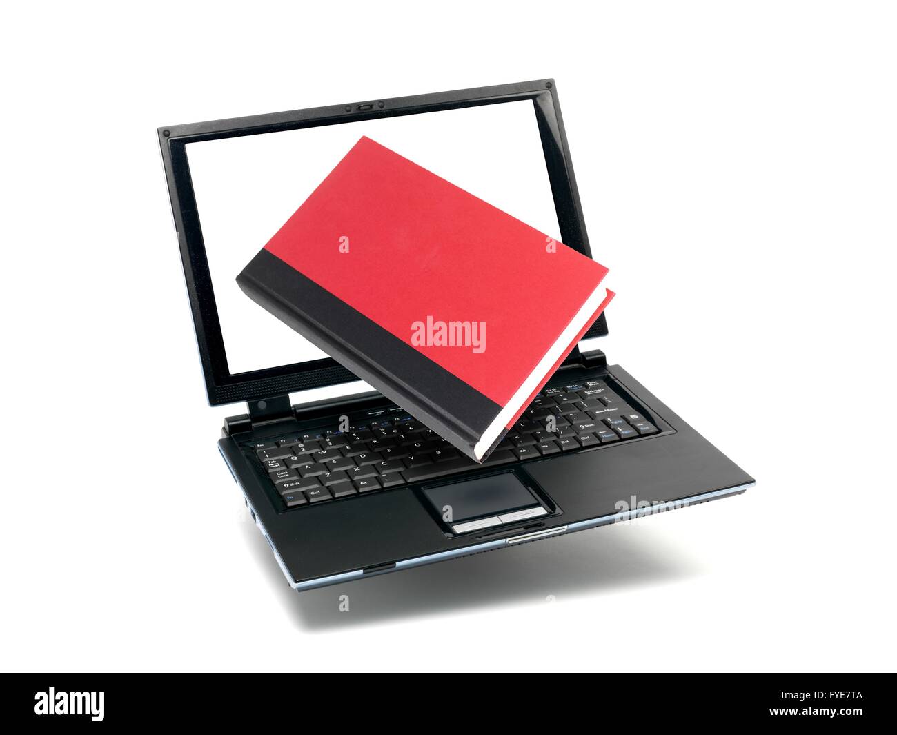 Red books and a laptop isolated against a white background Stock Photo ...