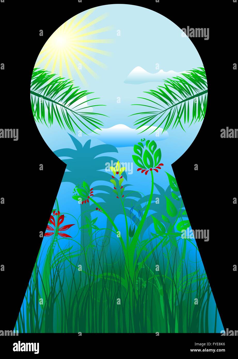 Keyhole in tropics with palm trees and flowers Stock Photo - Alamy