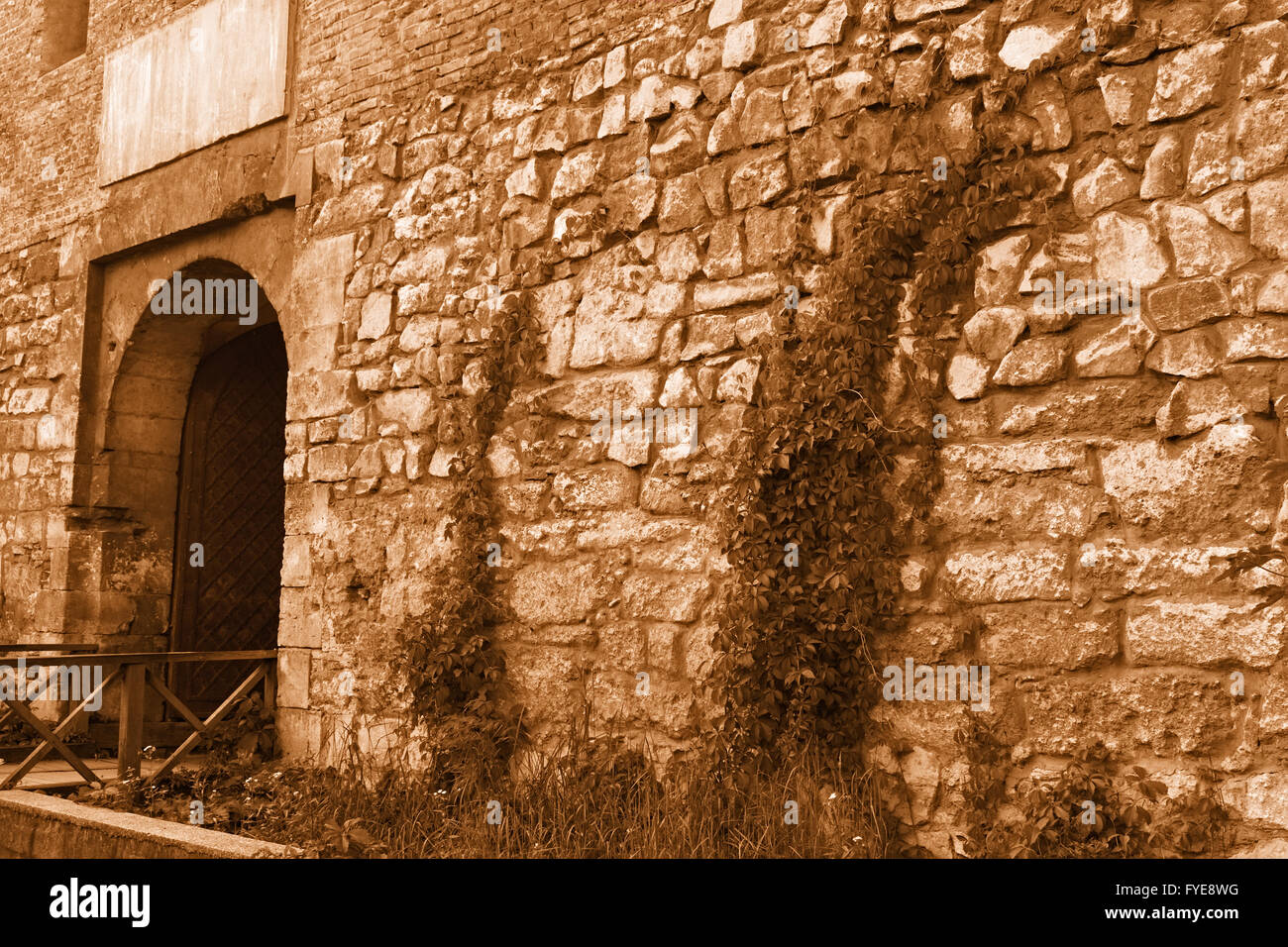 Medieval stone wall with an iron gate Stock Photo - Alamy
