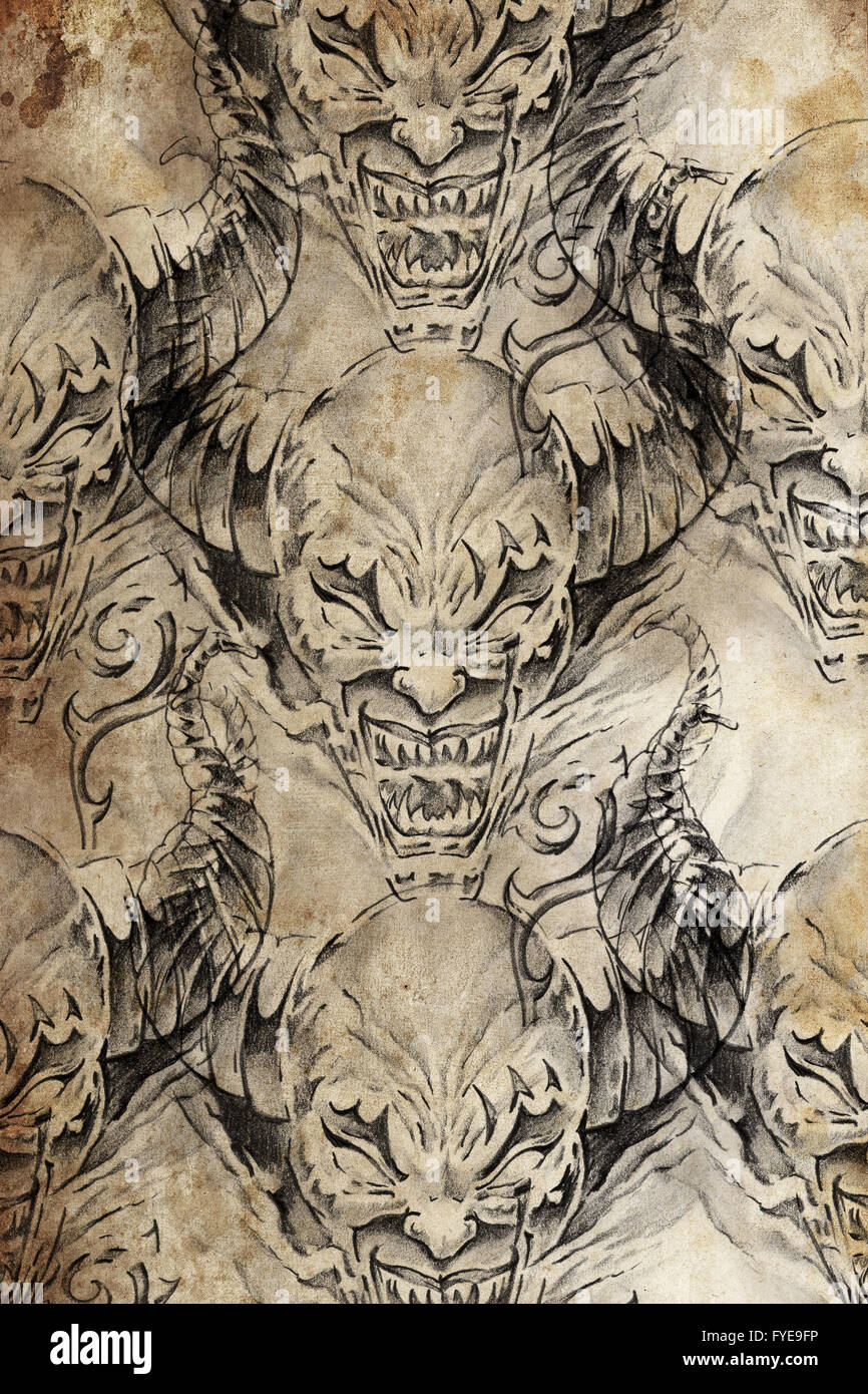 Tattoo pattern with demon designs over antique paper Stock Photo - Alamy