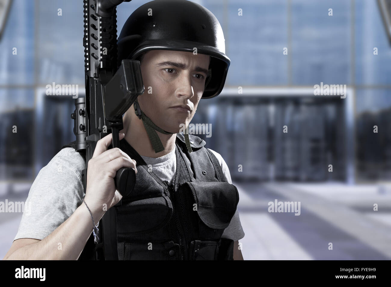 Person, defense of building, protecting a business complex Stock Photo ...