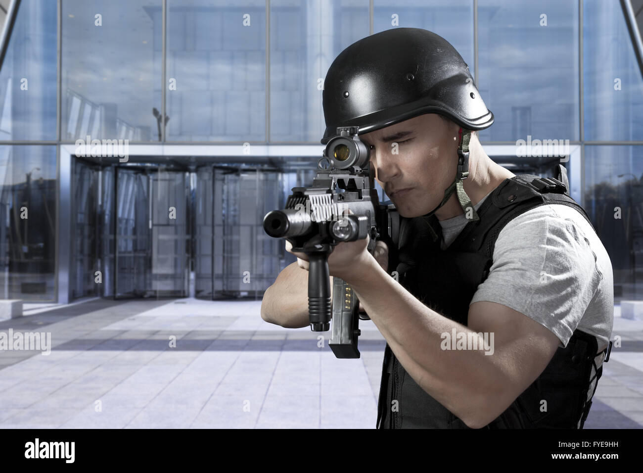 Person, defense of building, protecting a business complex Stock Photo ...