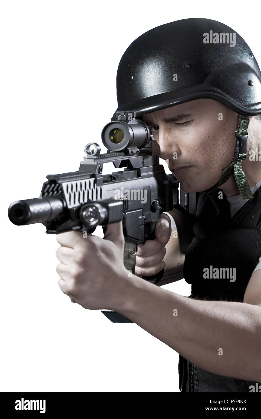 Armed military shooting, isolated Stock Photo - Alamy